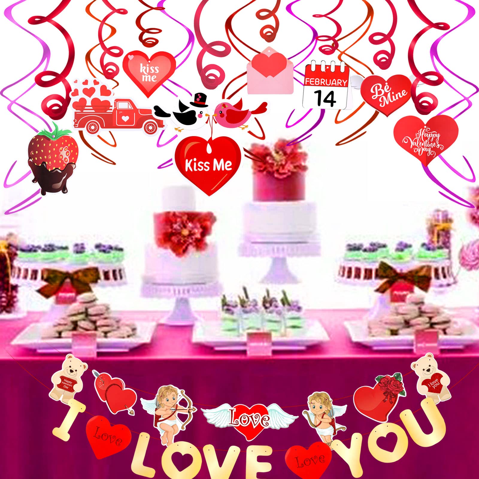 Valentine's Day Hanging Decoration Set, Valentines Day Hanging Conversation Hearts Swirls and Banner, Ceiling Hanging Cards Dangling Window Wall Decor-Valentine's Day Party Decorations Supplies