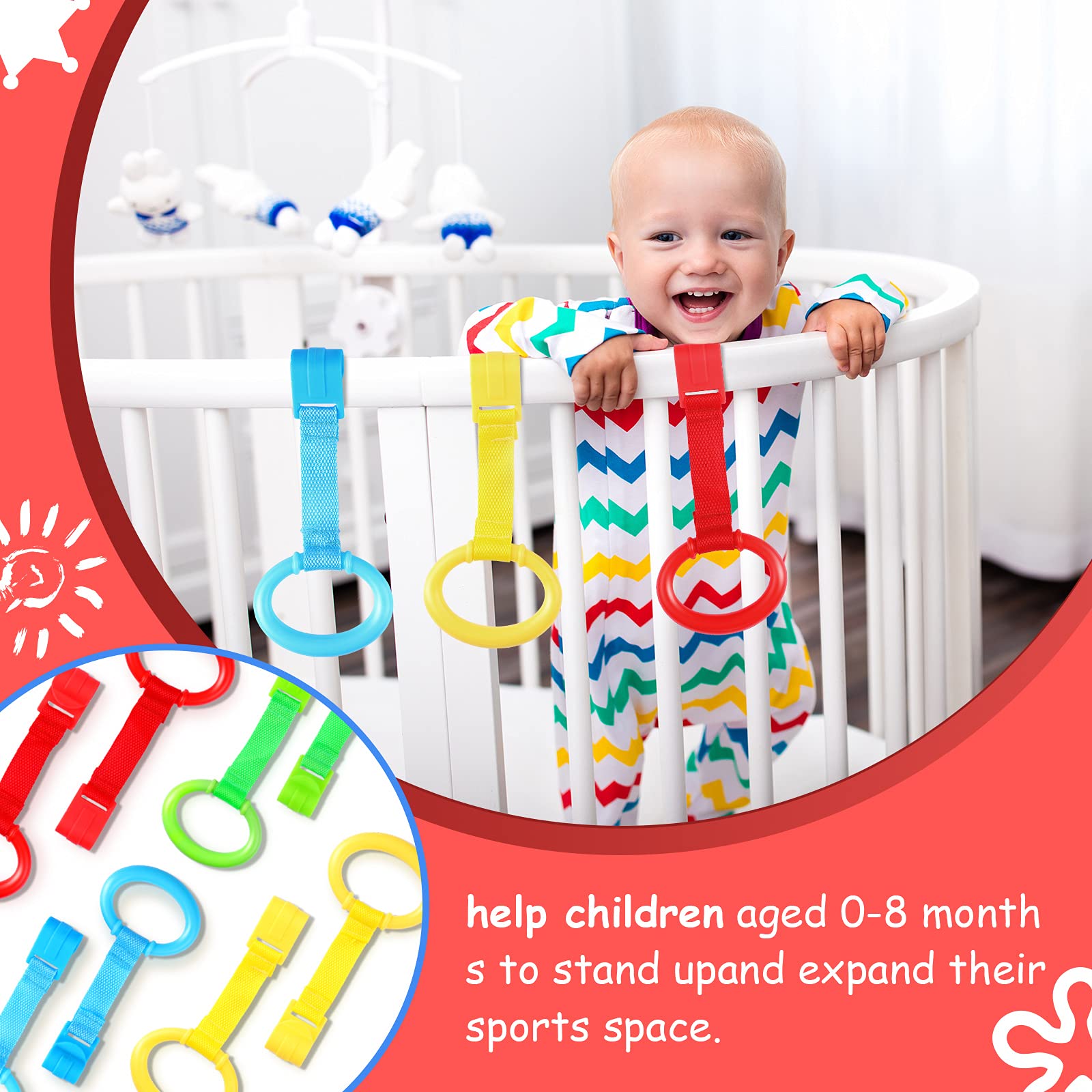 8 Pieces Baby Crib Pull Ring Baby Walking Exercises Assistant Rings Bed Stand Up Ring Hanging Ring Crib Pull Rings for Playpen Play Gym Cot Ring for Baby Toddler (3.5 x 2.8 Inch)