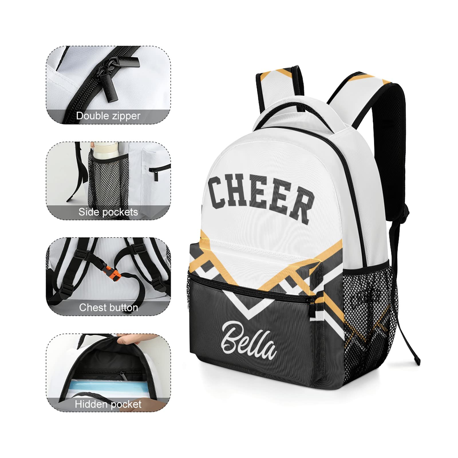 XIUCOO Cheerleaders Yellow Black Backpack Personalized Name Waterproof Travel Bag for Boys Girls Gift