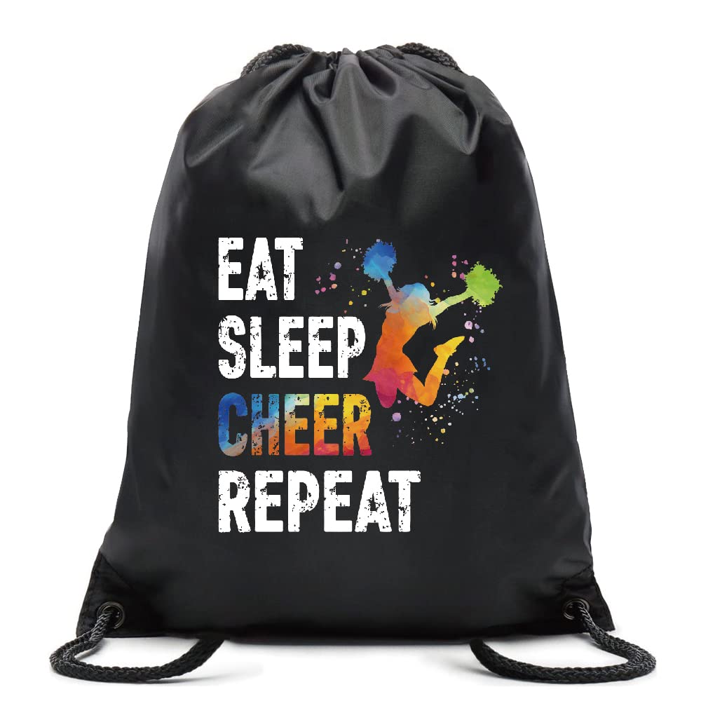 Pishovi Eat Sleep Cheer Repeat Sports Bag Drawstring Waterproof Backpack, Cheerleading Sports Bag for Woman, Cheerleading Gifts for Girl Cheerleaders Team Mom Gift, Cheerleading Lover Gift Idea
