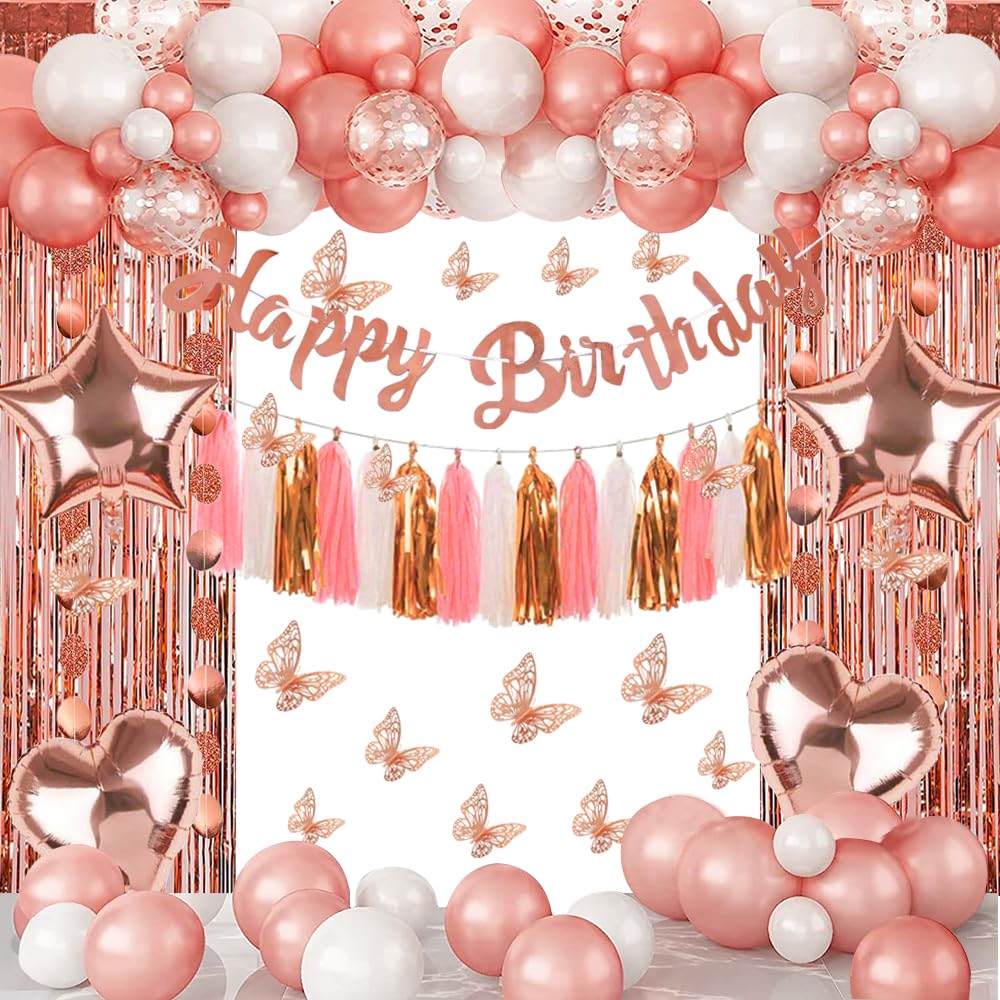 Rose Gold Birthday Party Decorations Kit for Women 73 Pieces, Happy Birthday Banner, Fringe Curtains, Butterfly Decor, Foil Balloons for 13th 16th 20th 21st 30th 35th 50th 60th Girls Men Party Supplies