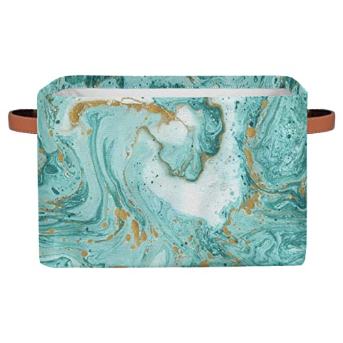Turquoise Marble Texture Storage Baskets Bin, Teal Marble Collapsible Canvas Fabric Storage Bin Decorative Baskets Toy Organizer Rectangle Storage Boxes with Handles for Home Shelves Nursery,1Pack