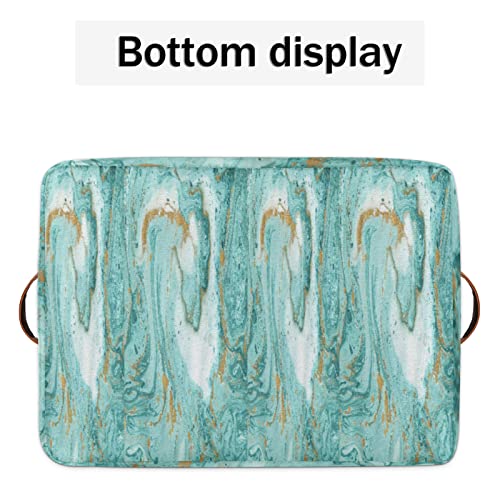 Turquoise Marble Texture Storage Baskets Bin, Teal Marble Collapsible Canvas Fabric Storage Bin Decorative Baskets Toy Organizer Rectangle Storage Boxes with Handles for Home Shelves Nursery,1Pack