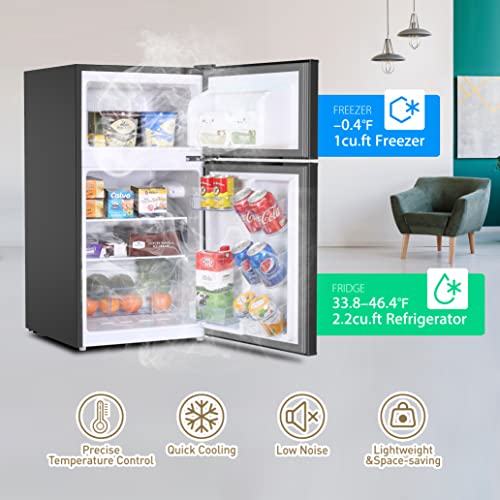 3.0 Cu.Ft Compact Refrigerator with 2 Doors, Mini Fridge with Freezer, 37dB Quiet, 7-Settings Mechanical Thermostat, LED Lights, Small Refrigerator for Bedroom Office, Dorm or Garage, Black