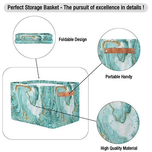 Turquoise Marble Texture Storage Baskets Bin, Teal Marble Collapsible Canvas Fabric Storage Bin Decorative Baskets Toy Organizer Rectangle Storage Boxes with Handles for Home Shelves Nursery,1Pack
