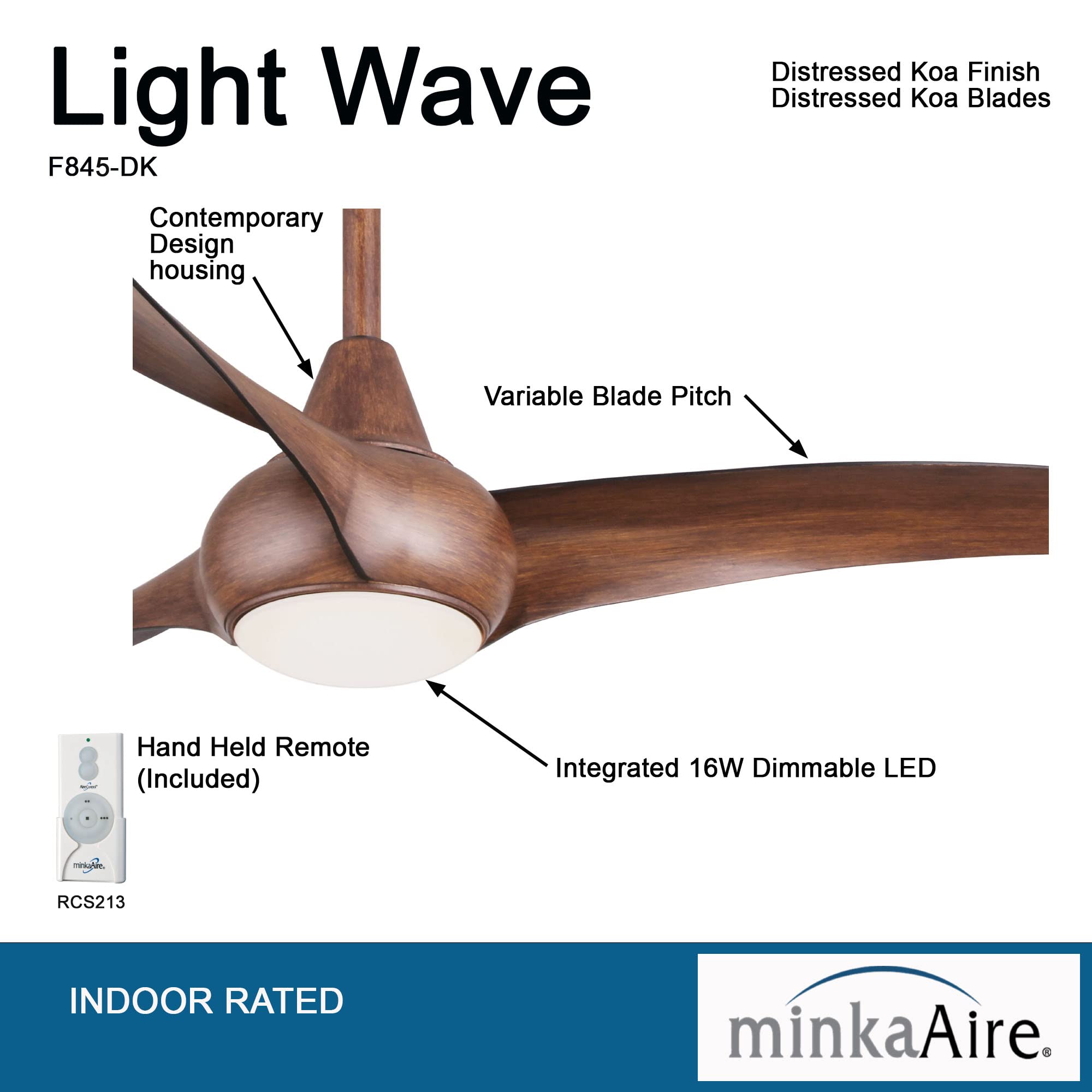 MINKA-AIRE F845-DK Light Wave 44 inch Ceiling Fan with LED Light and Remote Control, Brown Distressed Koa Finish