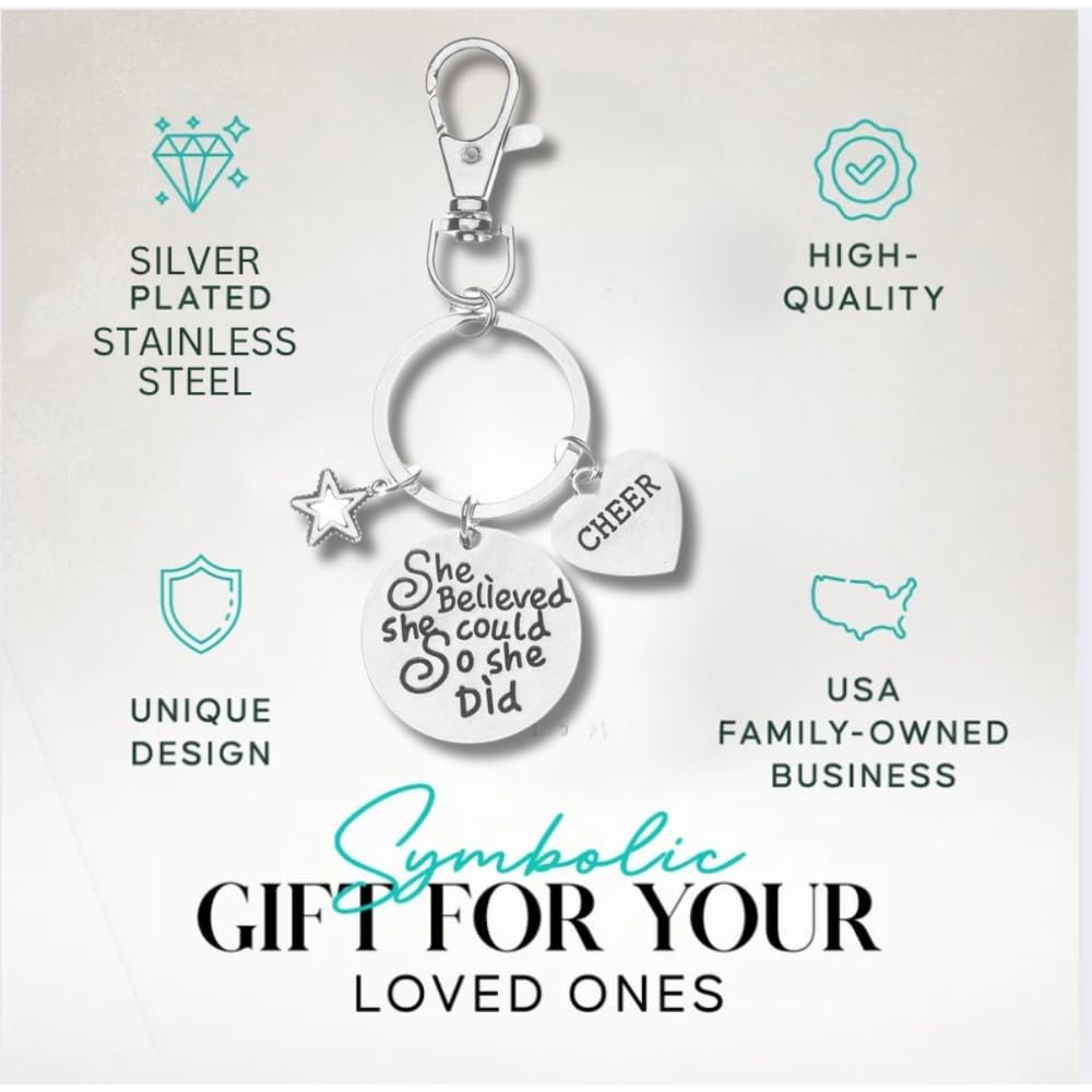 Sportybella Cheer Keychain, She Believed She Could So She Did Cheerleading Backpack Charm, Cheer Jewelry Gift for Cheerleaders and Cheer Teams