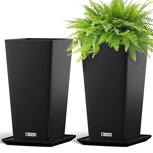 Elevens Tall Planters 30 Inch Tapered Square Planters Garden Flower Pots,Large Planter for Patio,Indoor/Outdoor Planter with Tray Black-2 Pack