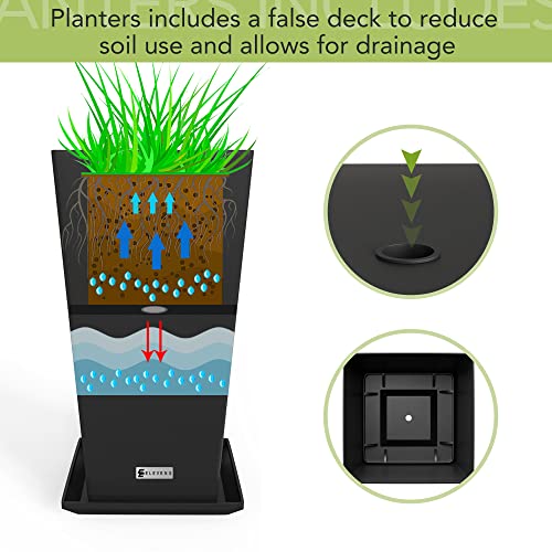 Elevens Tall Planters 30 Inch Tapered Square Planters Garden Flower Pots,Large Planter for Patio,Indoor/Outdoor Planter with Tray Black-2 Pack
