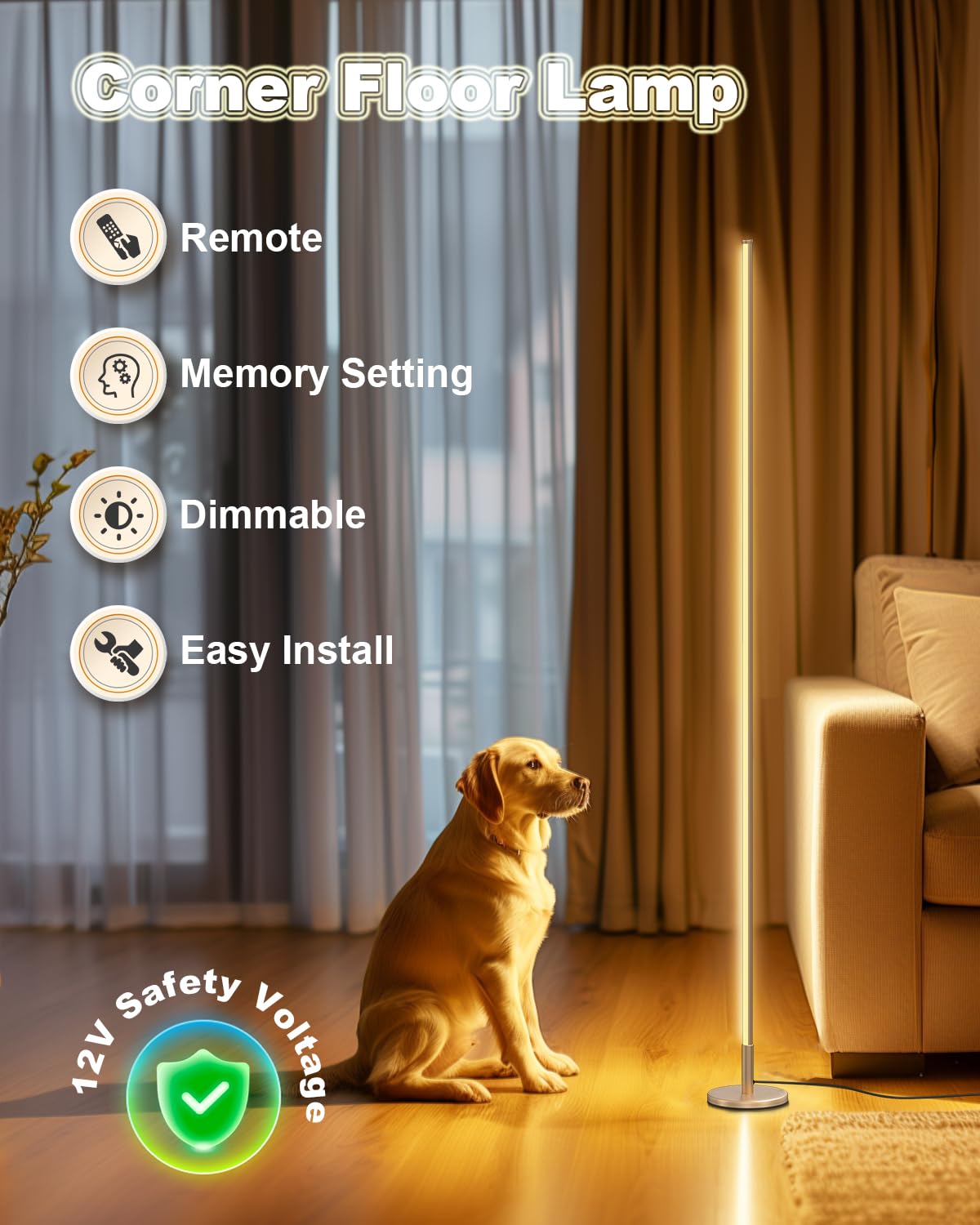 TACAHE Minimalist Corner Floor Lamp - 2700K-6500K Dimmable LED Night Light - Modern Standing Mood Lamp with Remote Control for Living Room, Bedroom - 57" 12W - Gold
