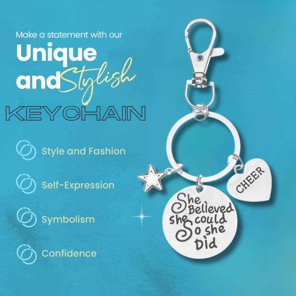 Sportybella Cheer Keychain, She Believed She Could So She Did Cheerleading Backpack Charm, Cheer Jewelry Gift for Cheerleaders and Cheer Teams