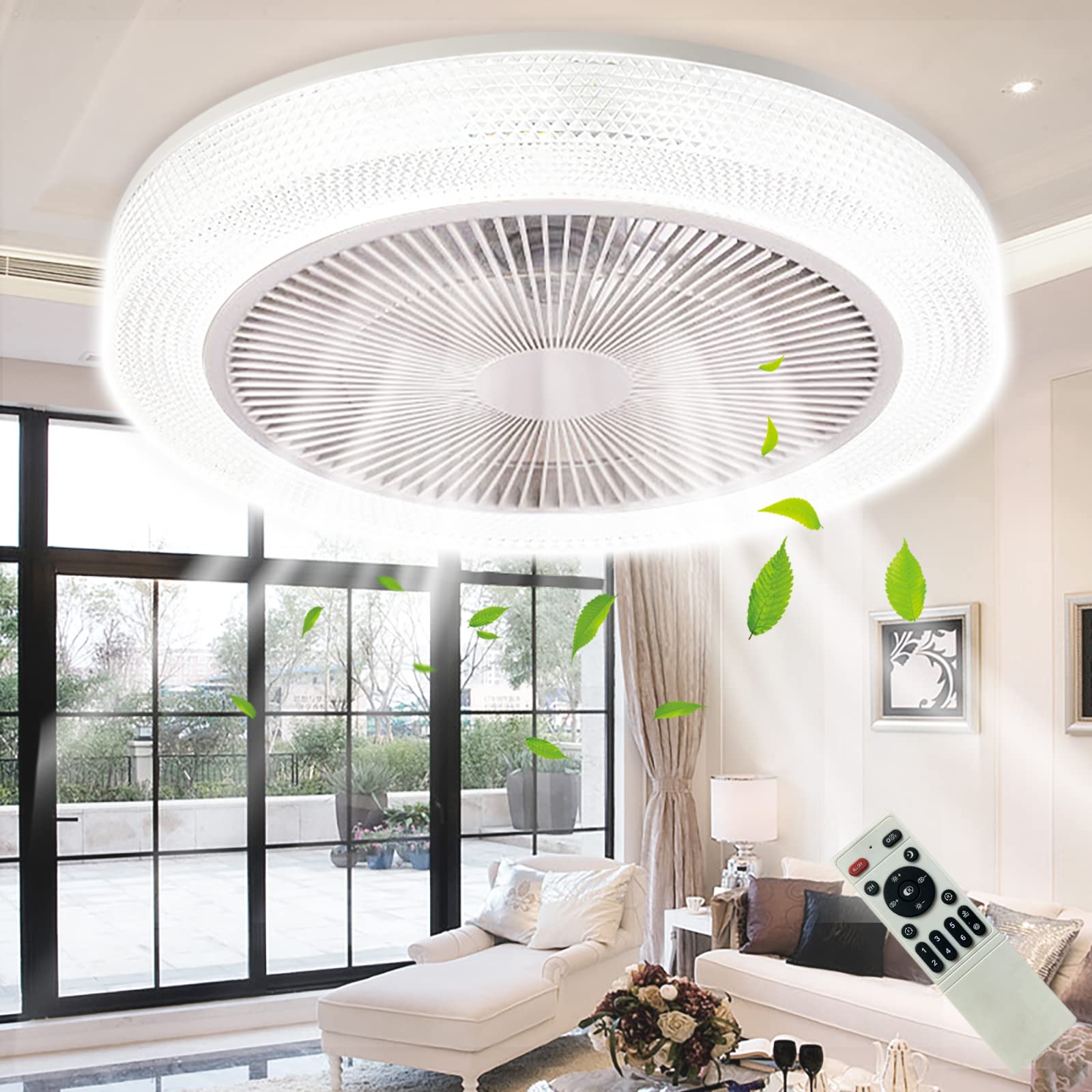 PIVFEDGX Modern Ceiling Fan with Light and Remote Control, Bedroom Semi-Closed Bladeless Low Profile Fan, LED 3000-6500K Dimmable Lighting, 6 Speed Wind Speed Reversible Blades 18in