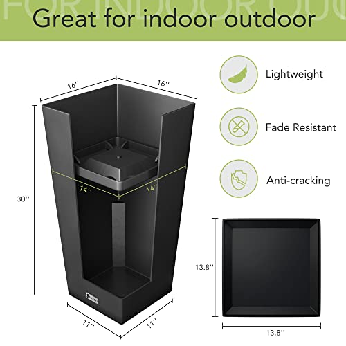 Elevens Tall Planters 30 Inch Tapered Square Planters Garden Flower Pots,Large Planter for Patio,Indoor/Outdoor Planter with Tray Black-2 Pack