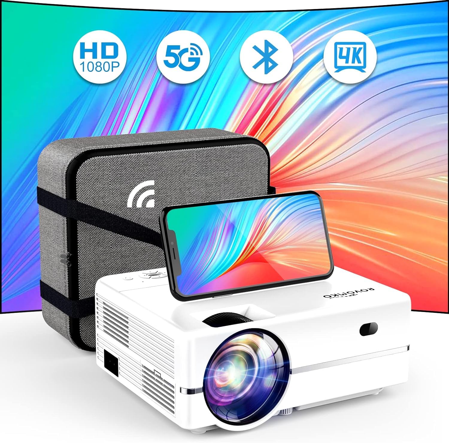 Projector, ROVOMKO Projector with WiFi and Bluetooth 4K Support, 13000 Lumens,2.4G&5G Two-Channel WiFi, Max Display 350", Home Projector Compatible w/iOS/Android/Win/PS5,Carry Bag Included