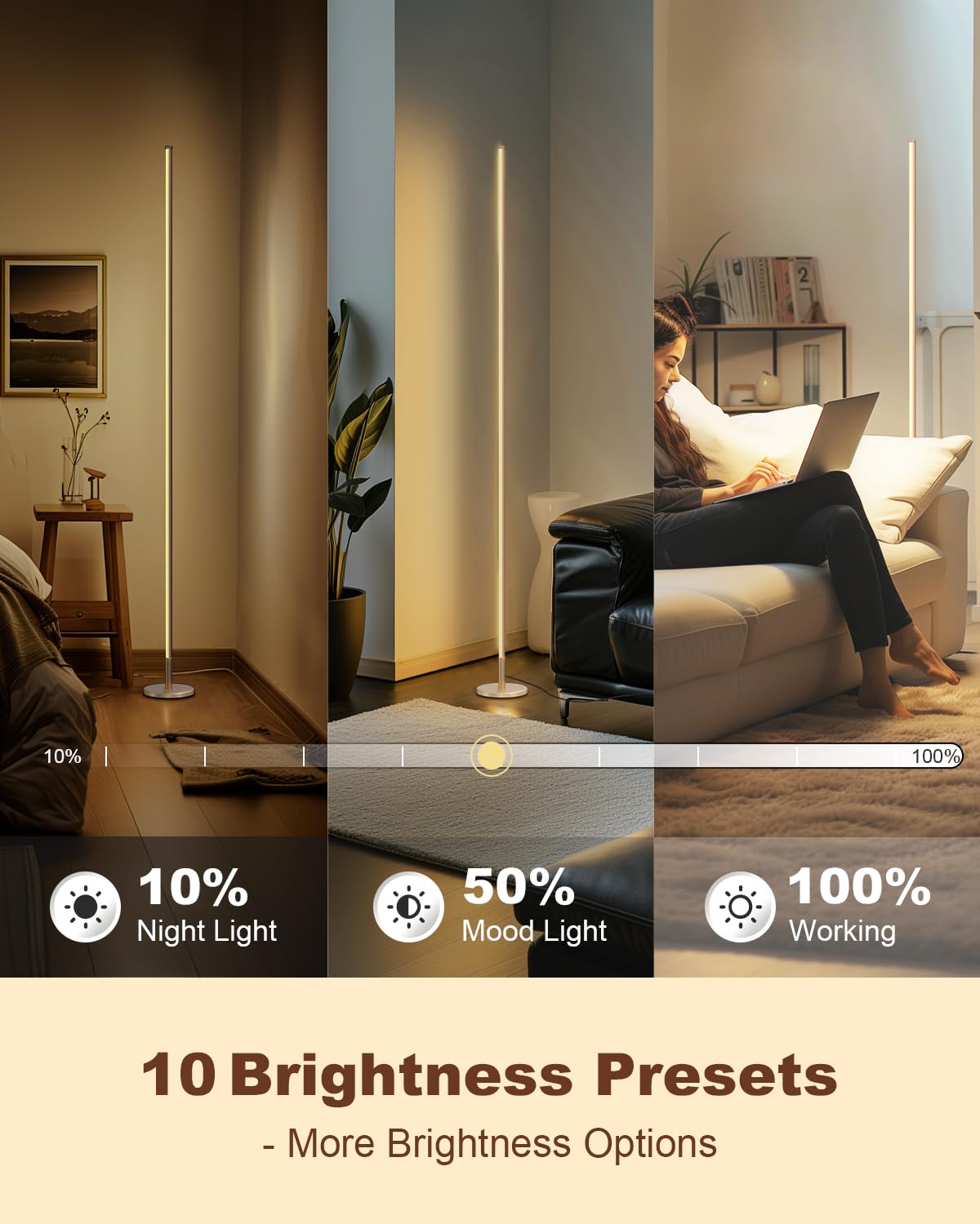 TACAHE Minimalist Corner Floor Lamp - 2700K-6500K Dimmable LED Night Light - Modern Standing Mood Lamp with Remote Control for Living Room, Bedroom - 57" 12W - Gold