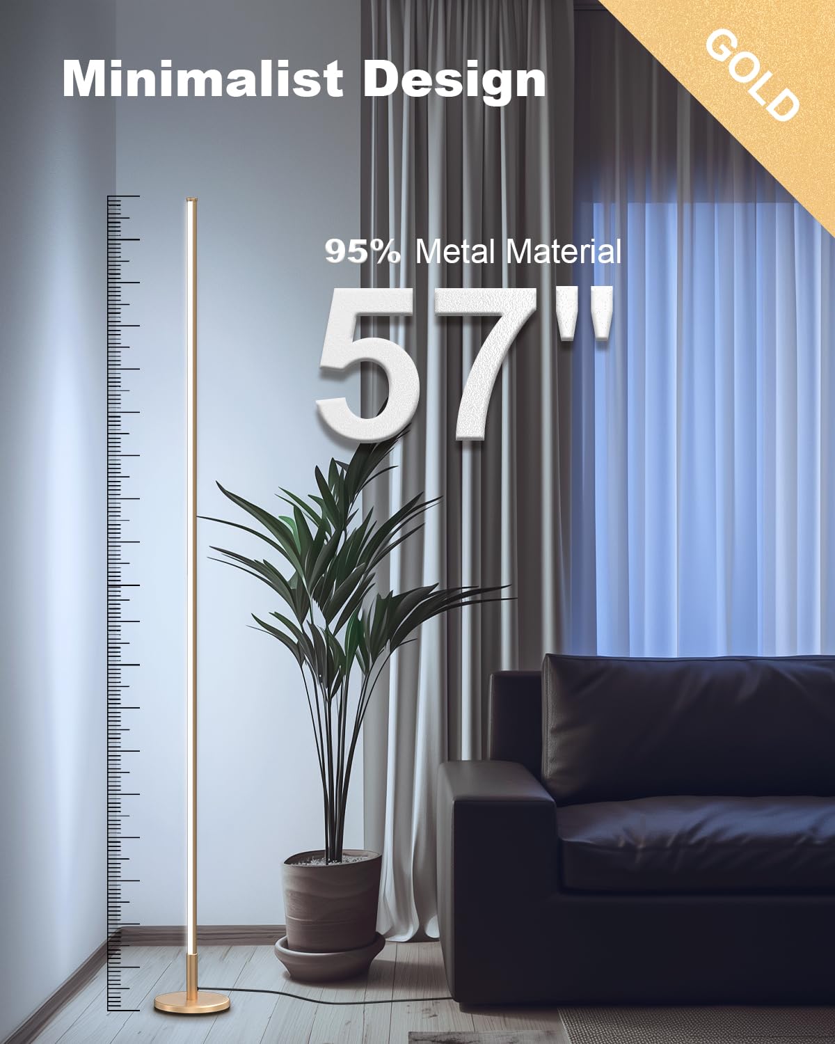 TACAHE Minimalist Corner Floor Lamp - 2700K-6500K Dimmable LED Night Light - Modern Standing Mood Lamp with Remote Control for Living Room, Bedroom - 57" 12W - Gold