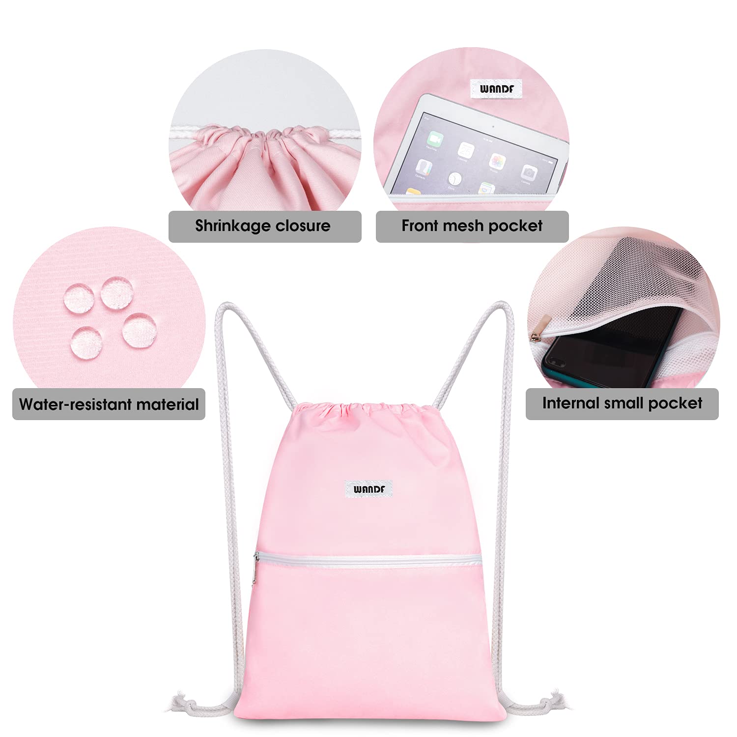 WANDF Drawstring Backpack String Bag Sackpack Cinch Water Resistant Nylon for Sport Yoga Gym Shopping (Light Pink)