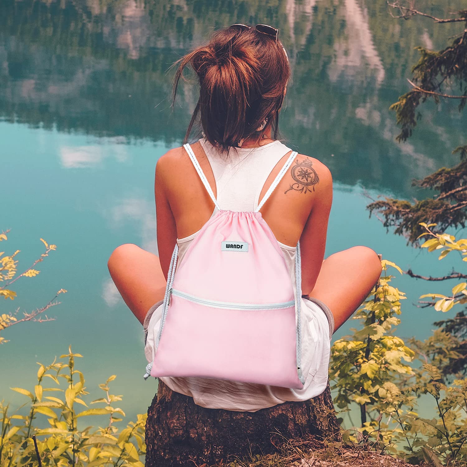 WANDF Drawstring Backpack String Bag Sackpack Cinch Water Resistant Nylon for Sport Yoga Gym Shopping (Light Pink)