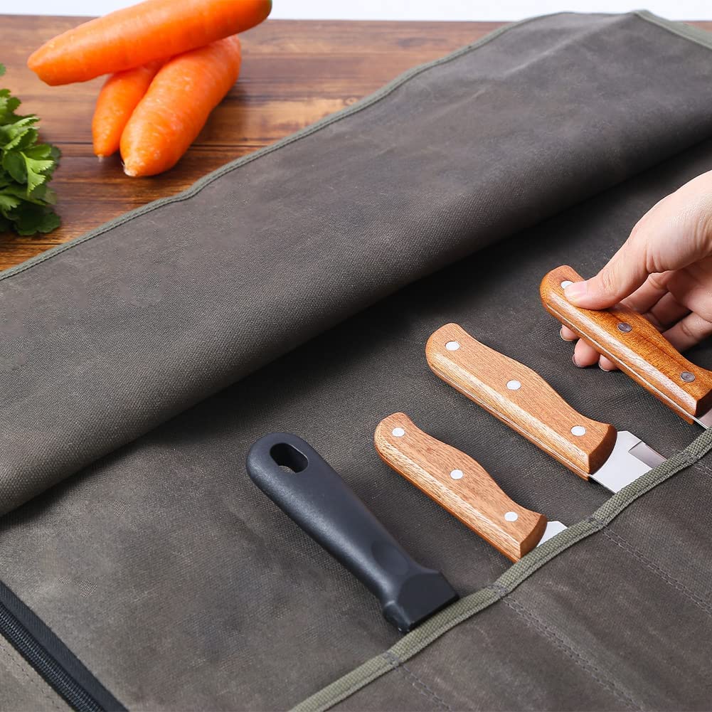 JNMMPEARL Chef’s Knife Roll Bag, Waxed Canvas Knife Cutlery Carrier,Knife Pouch Holders With 10 Slots Plus 1 Zipper Pockets, storage bag for knives,gifts for chefs and cooking beginners, ArmyGreen