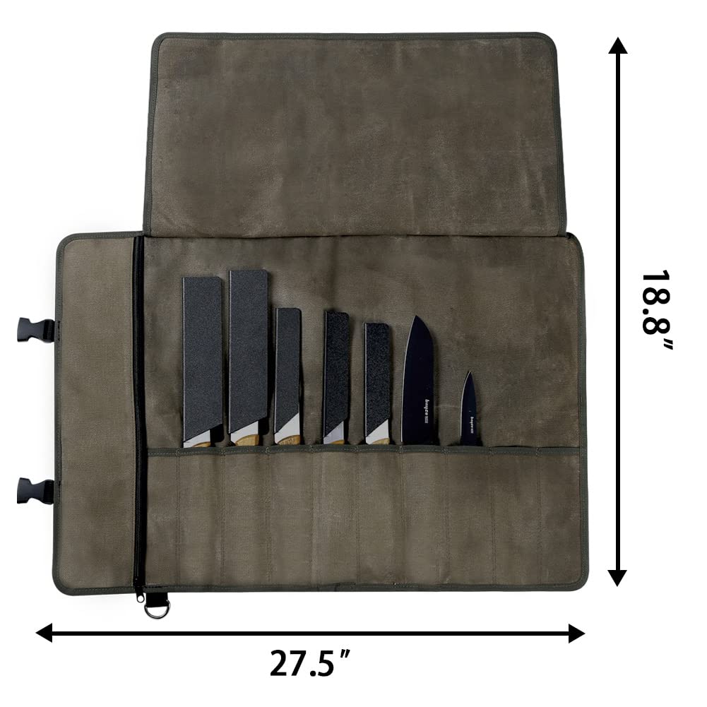 JNMMPEARL Chef’s Knife Roll Bag, Waxed Canvas Knife Cutlery Carrier,Knife Pouch Holders With 10 Slots Plus 1 Zipper Pockets, storage bag for knives,gifts for chefs and cooking beginners, ArmyGreen