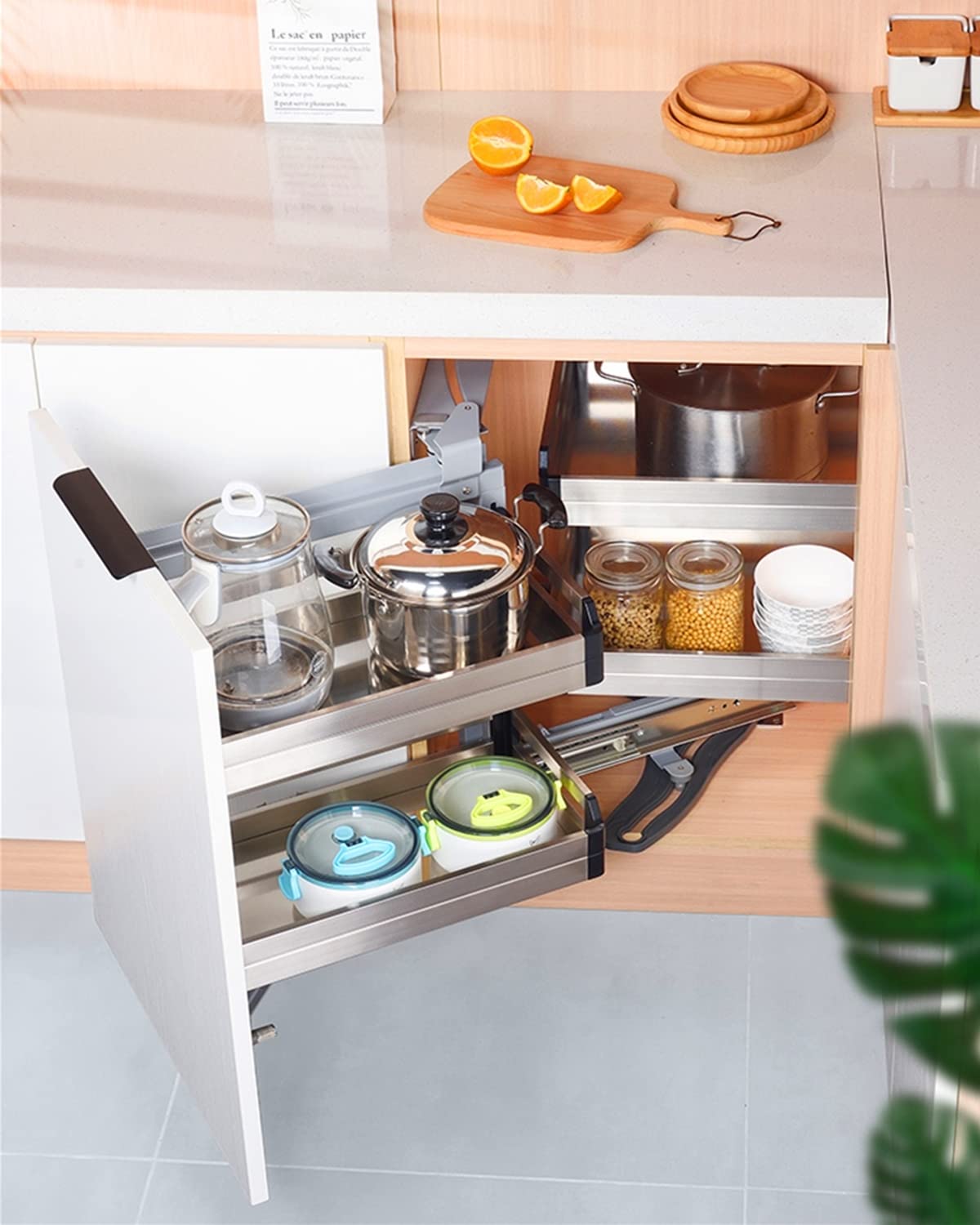 WYJF Blind Corner Cabinet Pull Out 15 Inch Opening,Blind Corner Cabinet Organizer,Corner Optimizer,Chrome Blind Corner Soft Close,Blind Corner Cabinet Pull Out Left Right