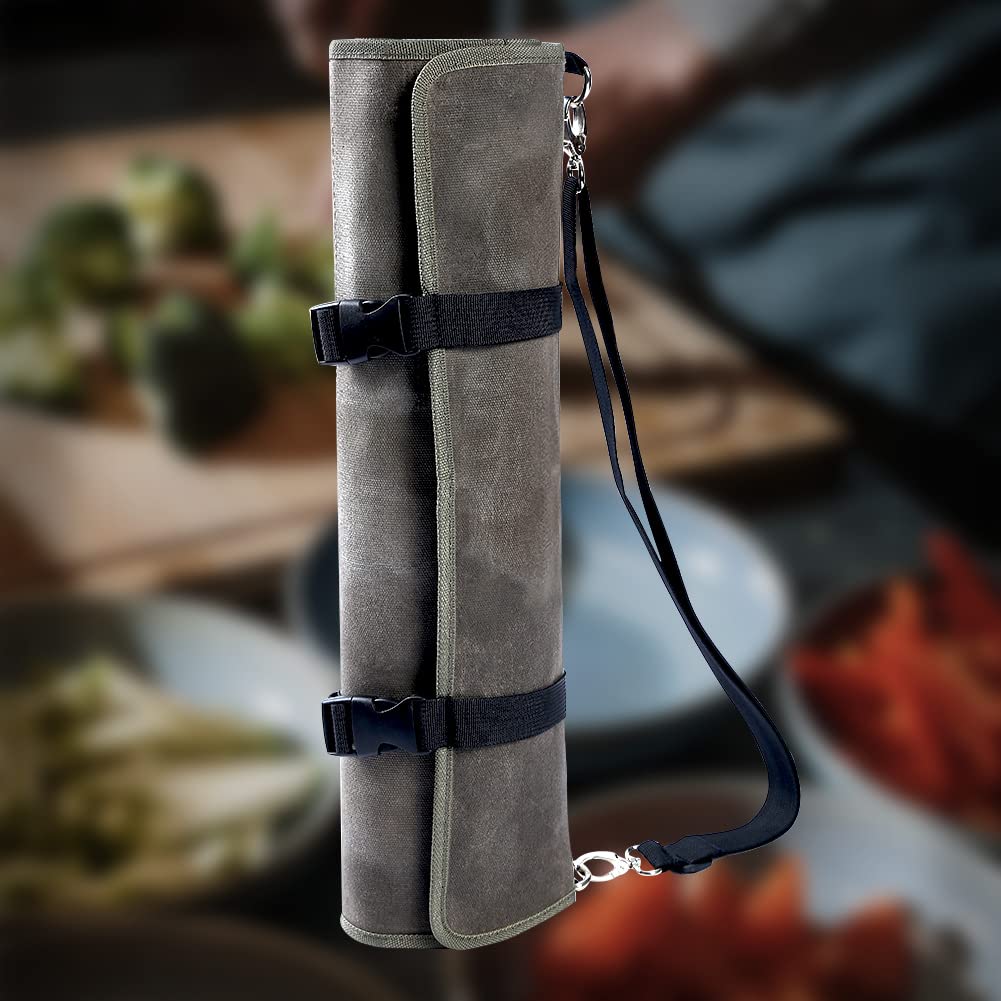 JNMMPEARL Chef’s Knife Roll Bag, Waxed Canvas Knife Cutlery Carrier,Knife Pouch Holders With 10 Slots Plus 1 Zipper Pockets, storage bag for knives,gifts for chefs and cooking beginners, ArmyGreen