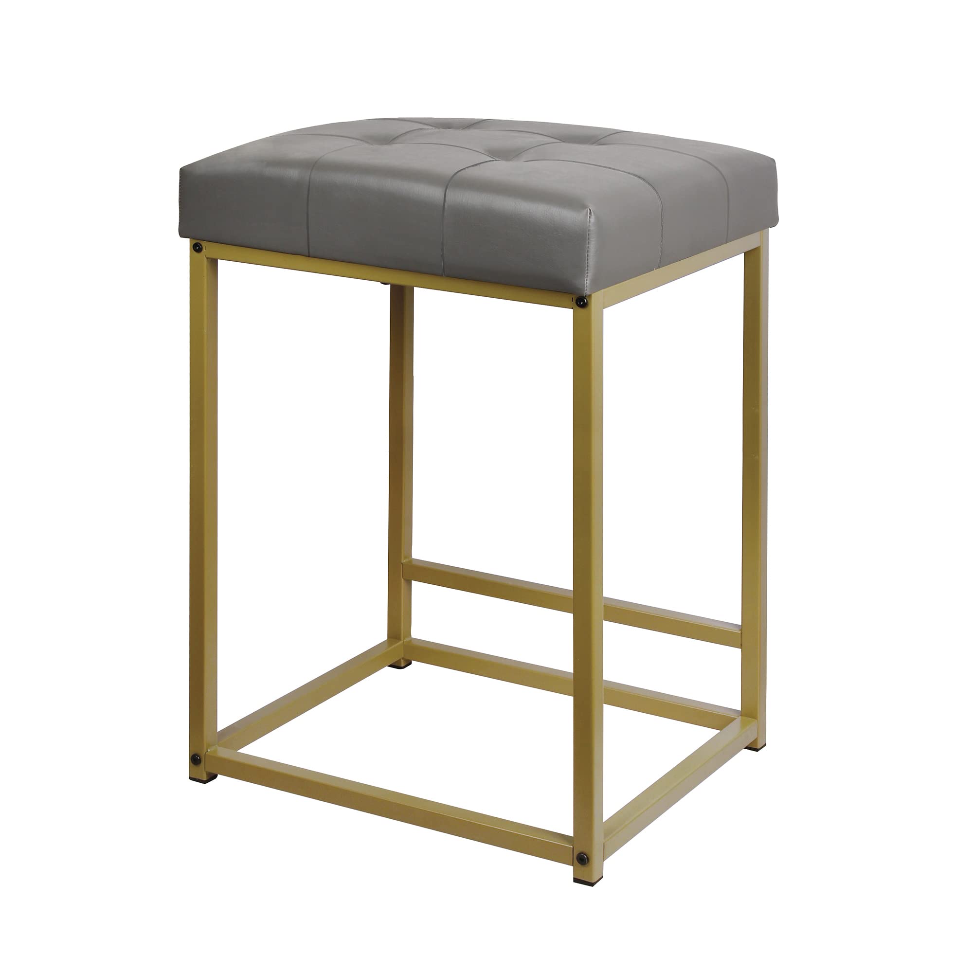 GIA 24-Inch Counter Height Square Metal Stool with Footrest and Tufted Gray Vegan Leather Upholstery, Gold Frame, Qty of 1