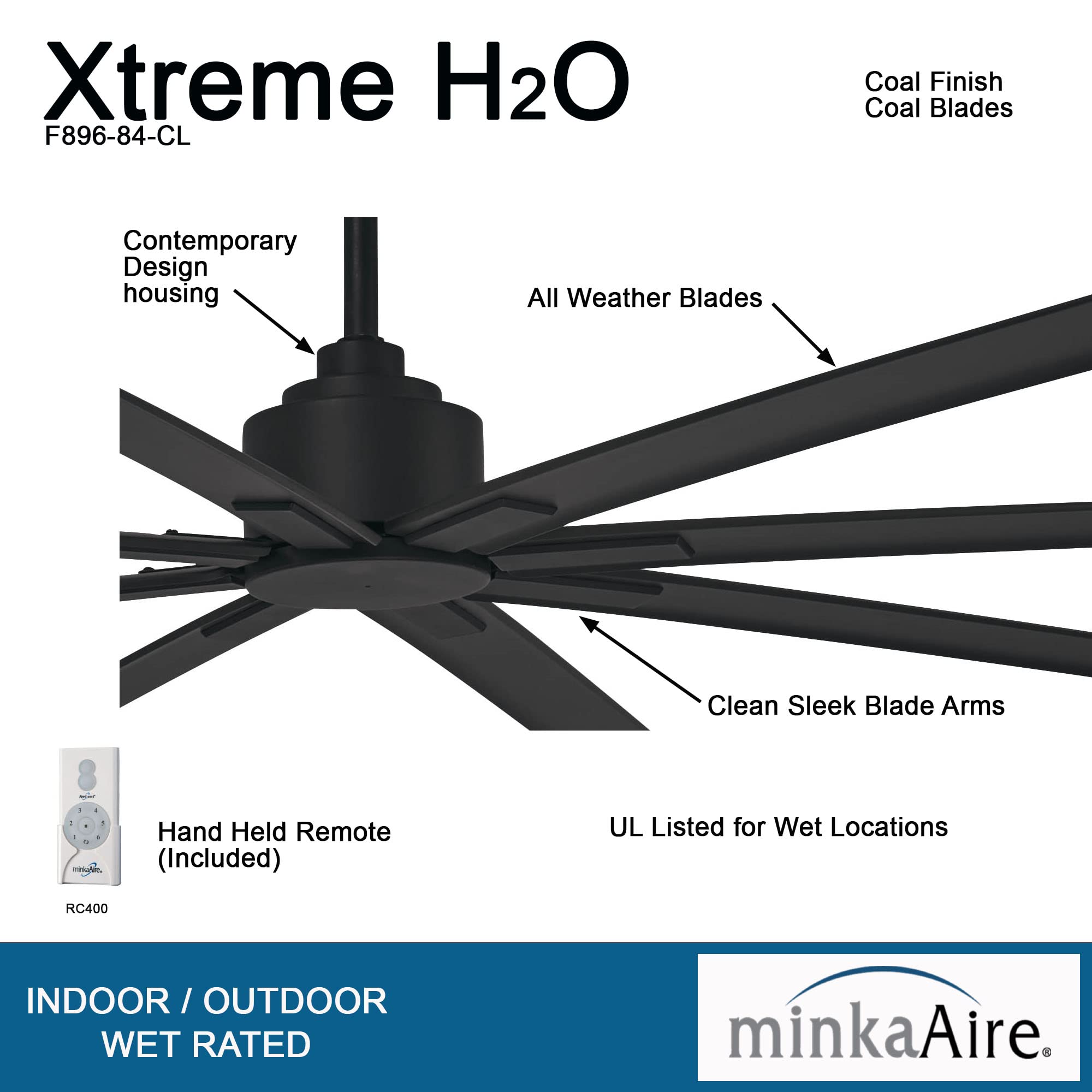 MINKA-AIRE F896-84-CL Xtreme H2O 84 Inch Outdoor Ceiling Fan with DC Motor, Coal Black Finish