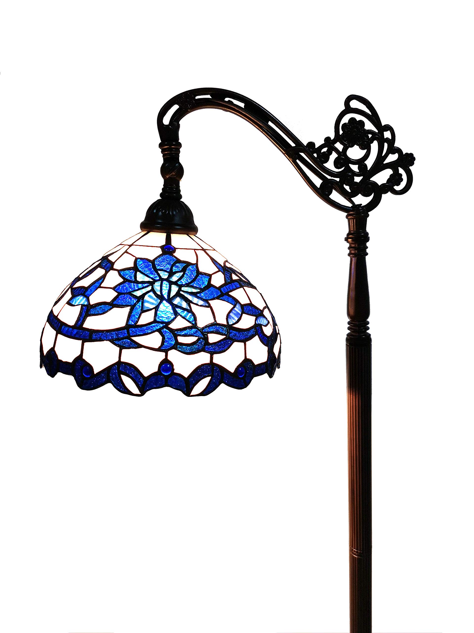 Warehouse of Tiffany TF473-FL12 Vinn 11-inch Blue/White Flower Design Glass/Bronze Tiffany-Style Reading Floor Lamp