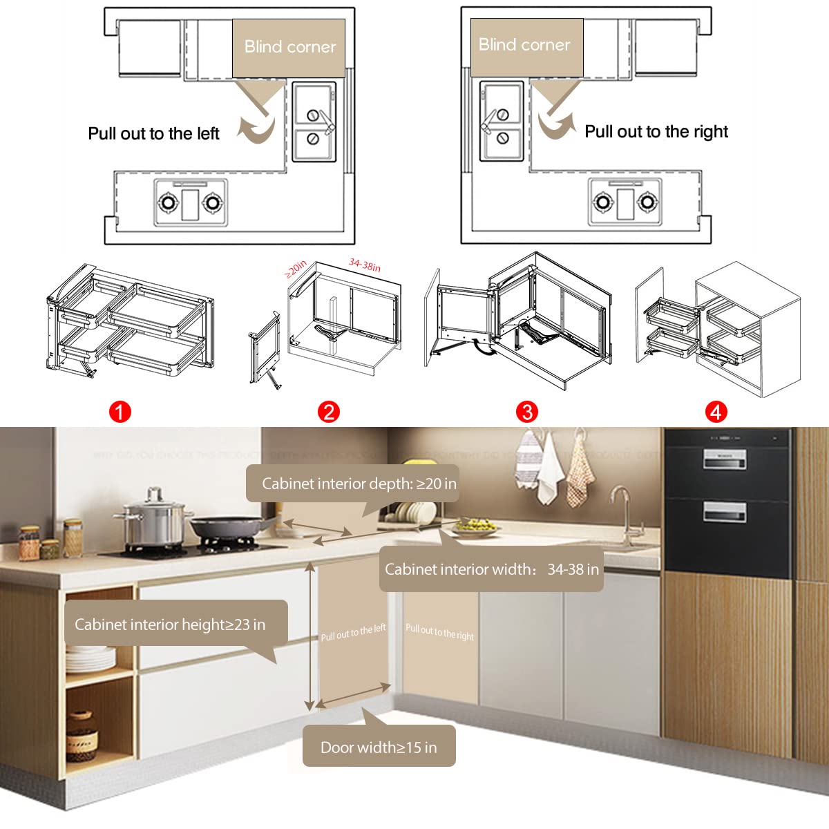 WYJF Blind Corner Cabinet Pull Out 15 Inch Opening,Blind Corner Cabinet Organizer,Corner Optimizer,Chrome Blind Corner Soft Close,Blind Corner Cabinet Pull Out Left Right
