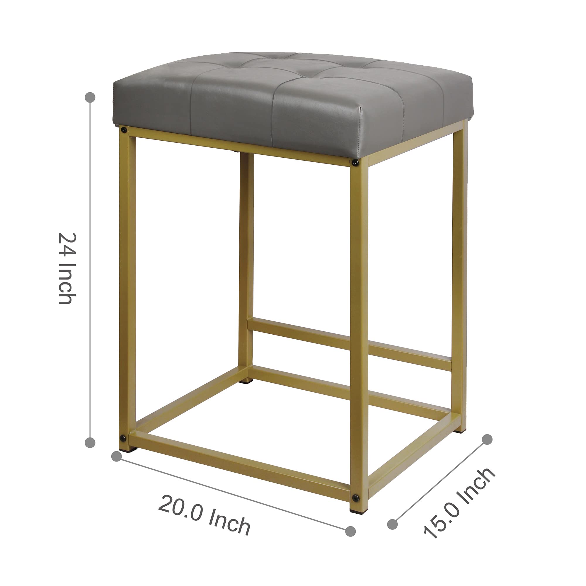 GIA 24-Inch Counter Height Square Metal Stool with Footrest and Tufted Gray Vegan Leather Upholstery, Gold Frame, Qty of 1