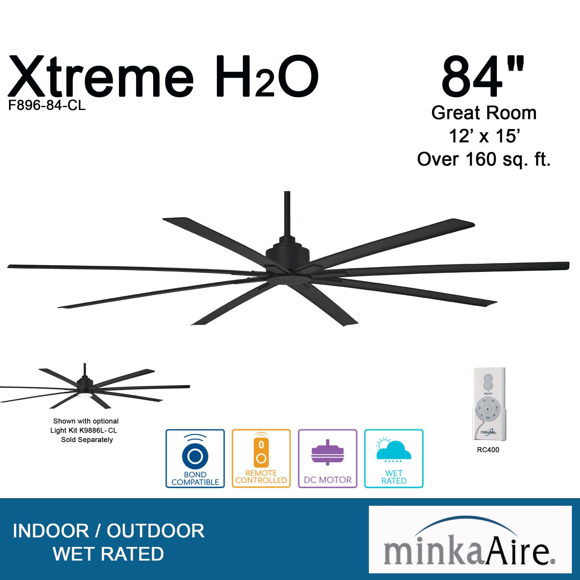 MINKA-AIRE F896-84-CL Xtreme H2O 84 Inch Outdoor Ceiling Fan with DC Motor, Coal Black Finish