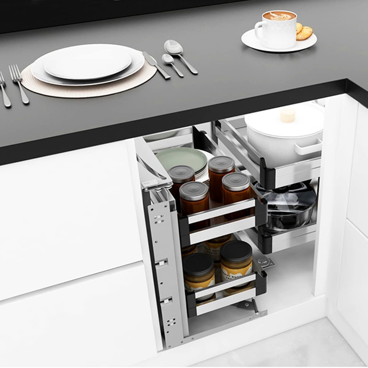 WYJF Blind Corner Cabinet Pull Out 15 Inch Opening,Blind Corner Cabinet Organizer,Corner Optimizer,Chrome Blind Corner Soft Close,Blind Corner Cabinet Pull Out Left Right