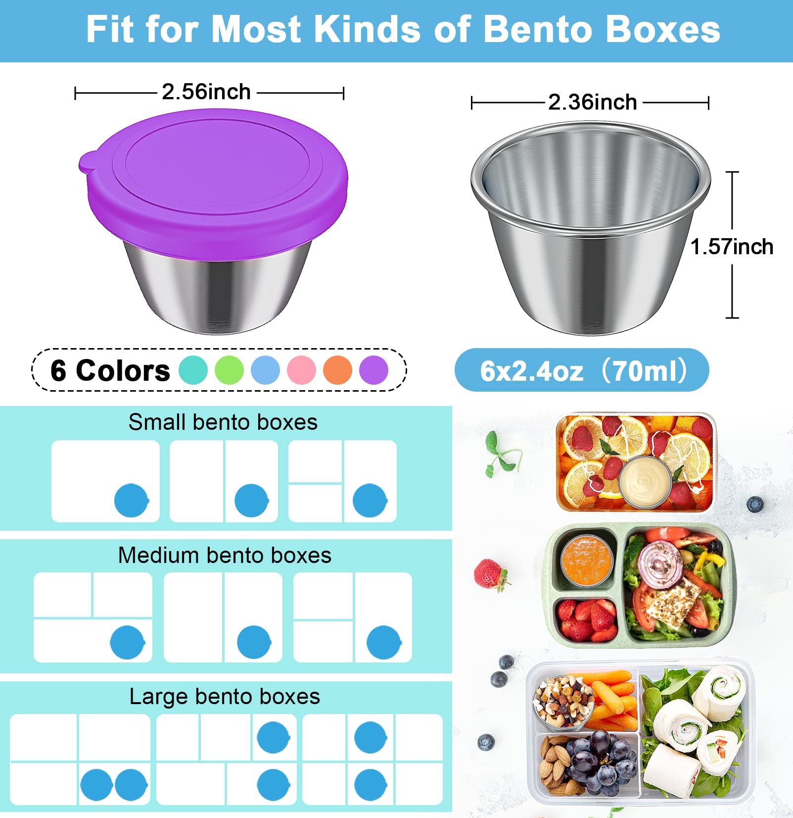 6x 2.4oz Salad Dressing Container to Go, Condiment Containers with Lids, Stainless Steel Sauce Cups Salad Dressing Container for Lunch Bento Box, Reusable,Leakproof