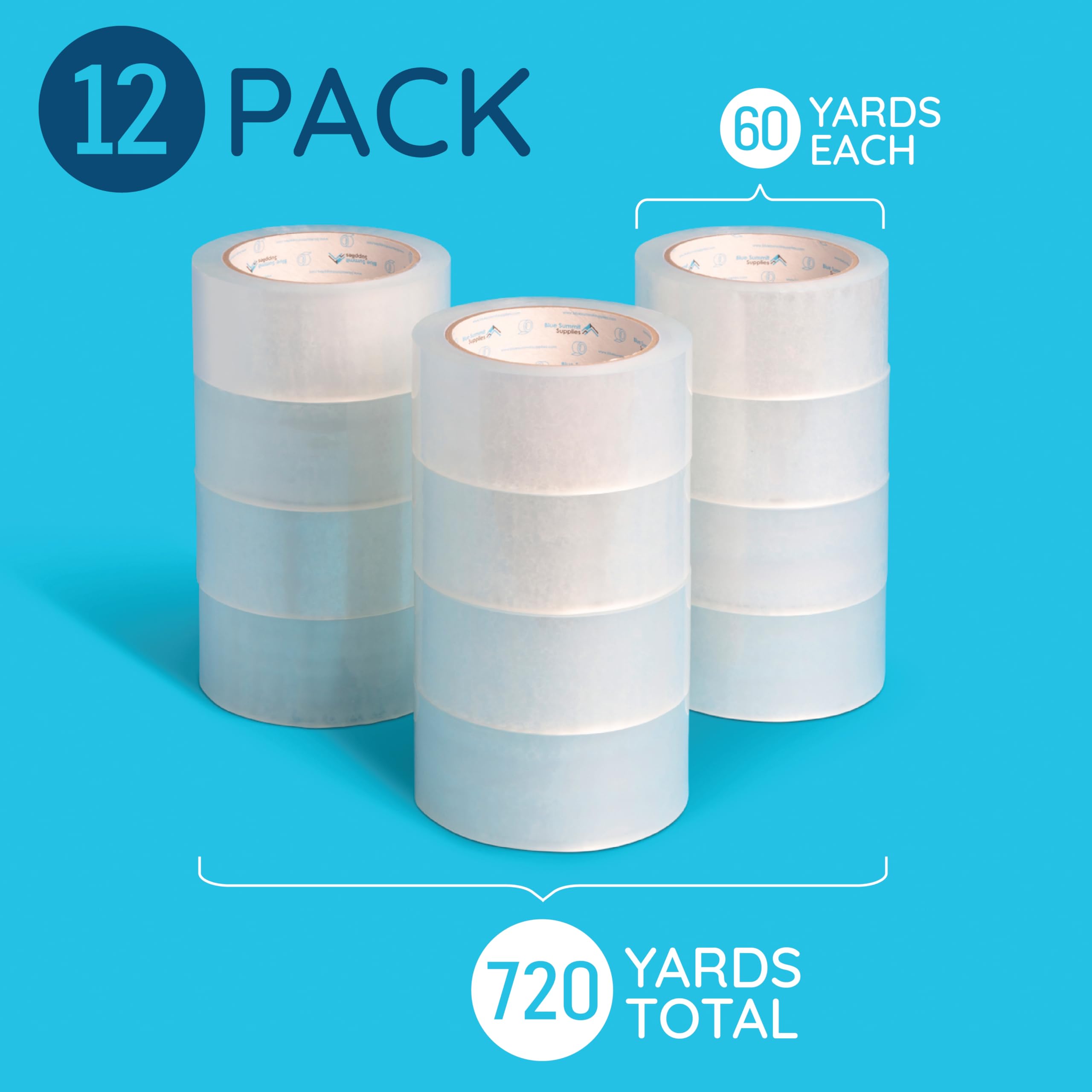 12 Pack Heavy Duty Packaging Tape, Clear Packing Tape Designed for Moving Boxes, Shipping, Office, Commercial Grade 2.7mil Thick, 60 Yard Length, 720 Total Yards