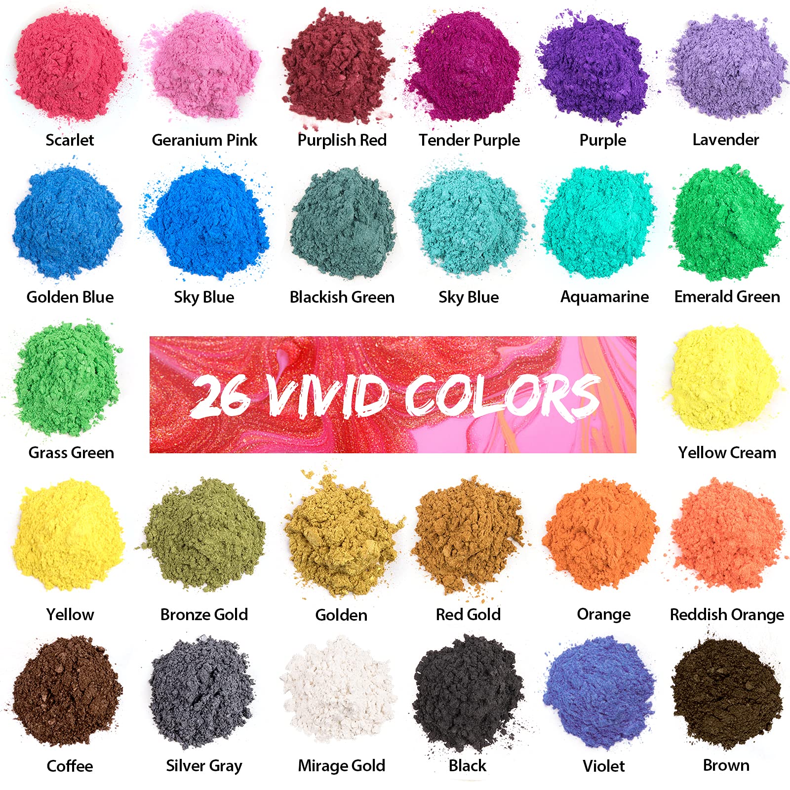 HTVRONT Mica Powder for Epoxy Resin 130g - 26 Colors Shimmery Pigment Powder - Easy to Mix & Natural Resin Mica Powder for Soap Making, Lip Gloss, Bath Bombs