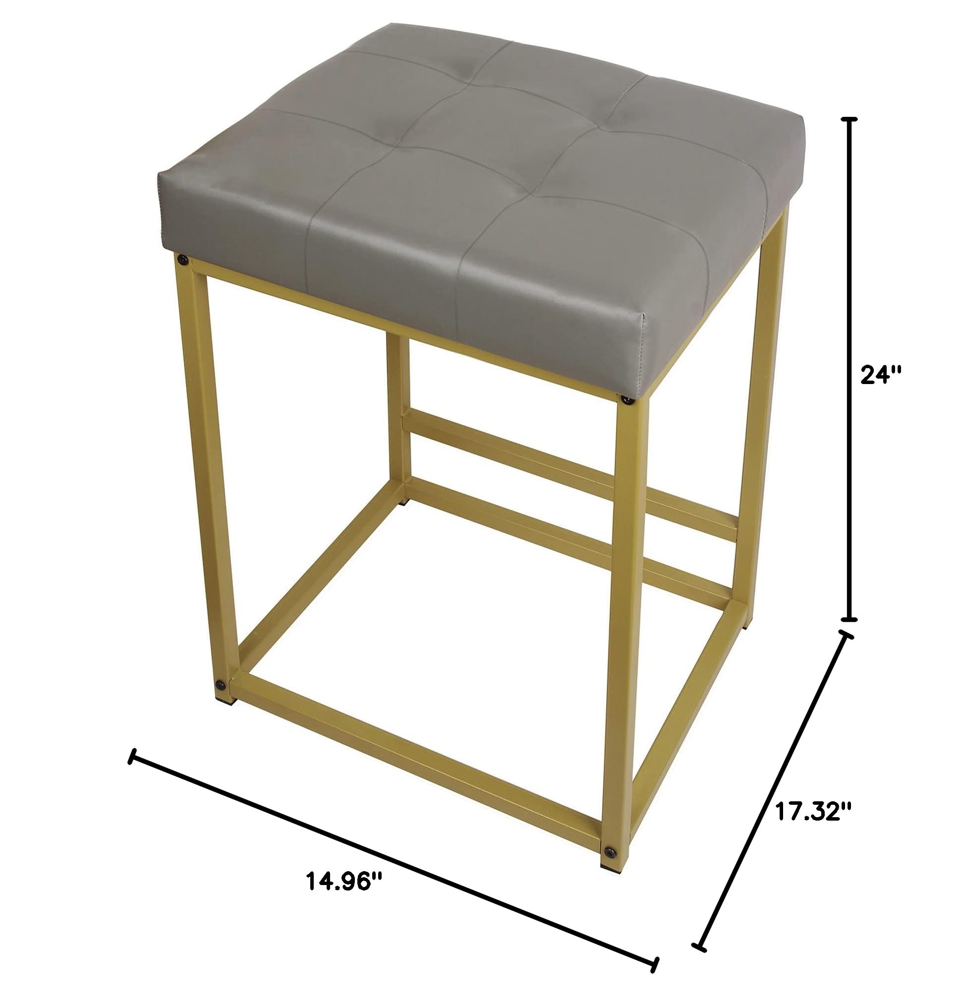 GIA 24-Inch Counter Height Square Metal Stool with Footrest and Tufted Gray Vegan Leather Upholstery, Gold Frame, Qty of 1