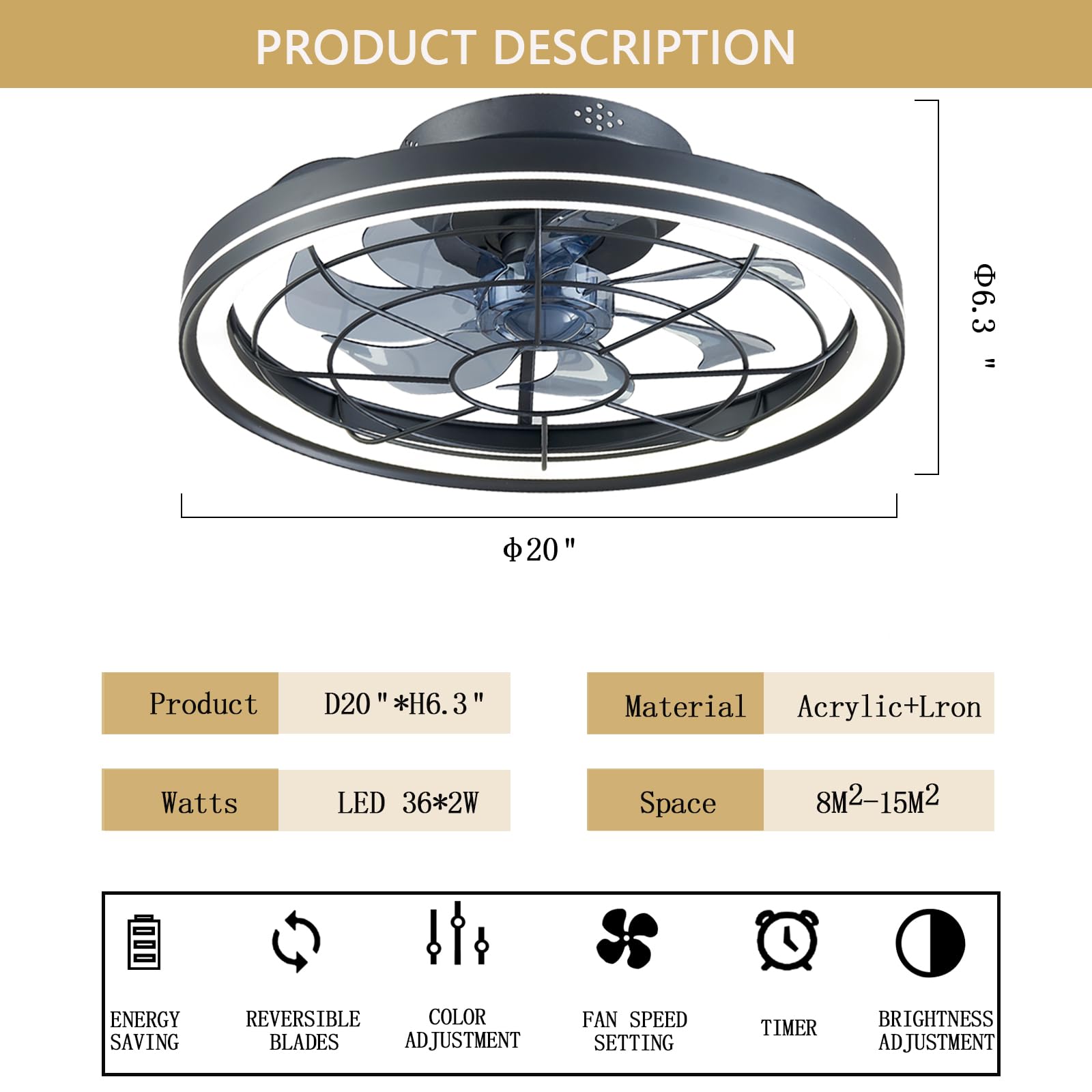 AVORHING Ceiling Fan with lights Remote Control,20" Low Profile Ceiling Fan,6 Wind Speeds Dimmable Caged Flush Mount Ceiling Fan,Smart Modern Ceiling Fan for Kids Room,Bedroom, Kitchen (Black)