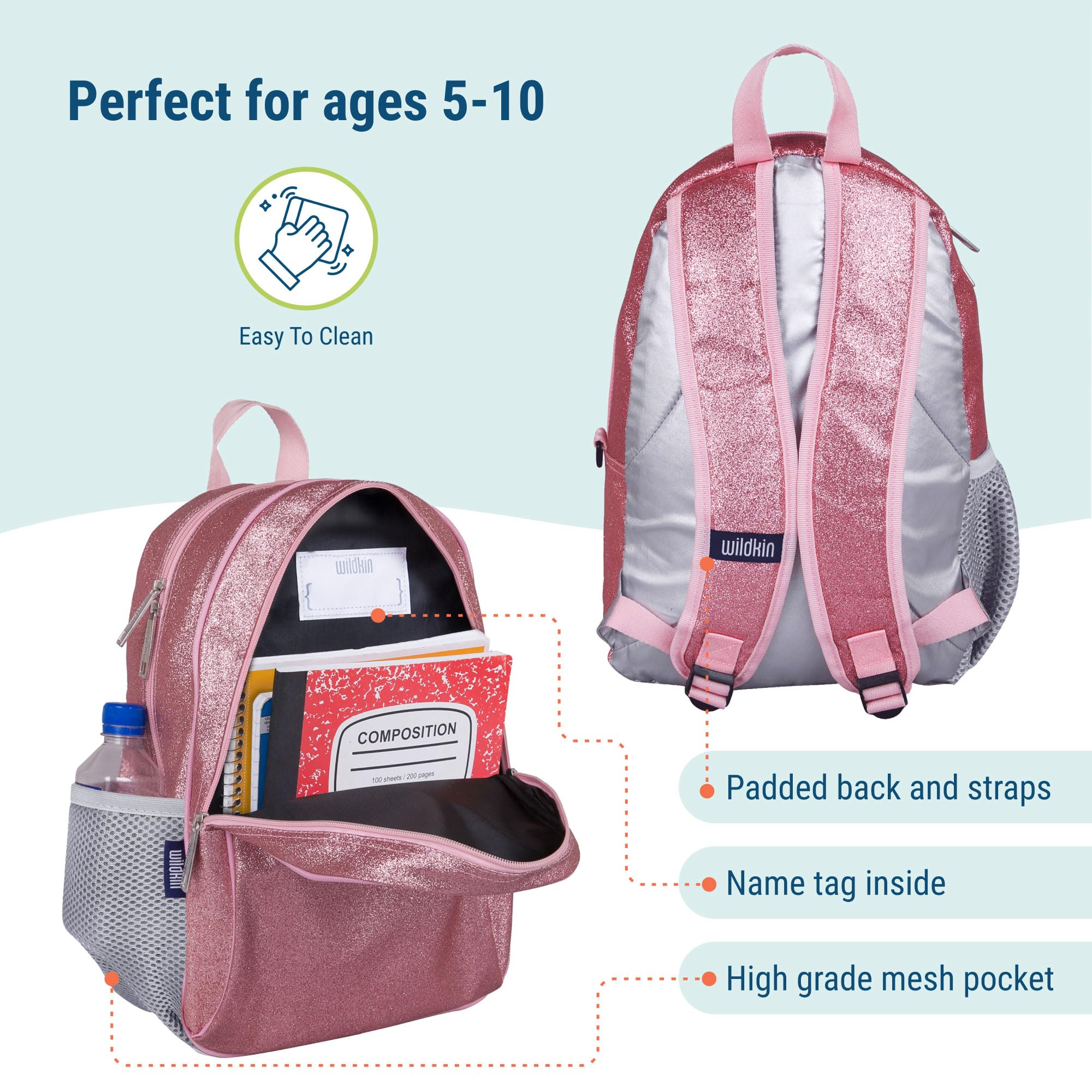 Wildkin 15-inch Kids Backpack β Durable, Padded, Adjustable for School & Travel - Pink Glitter