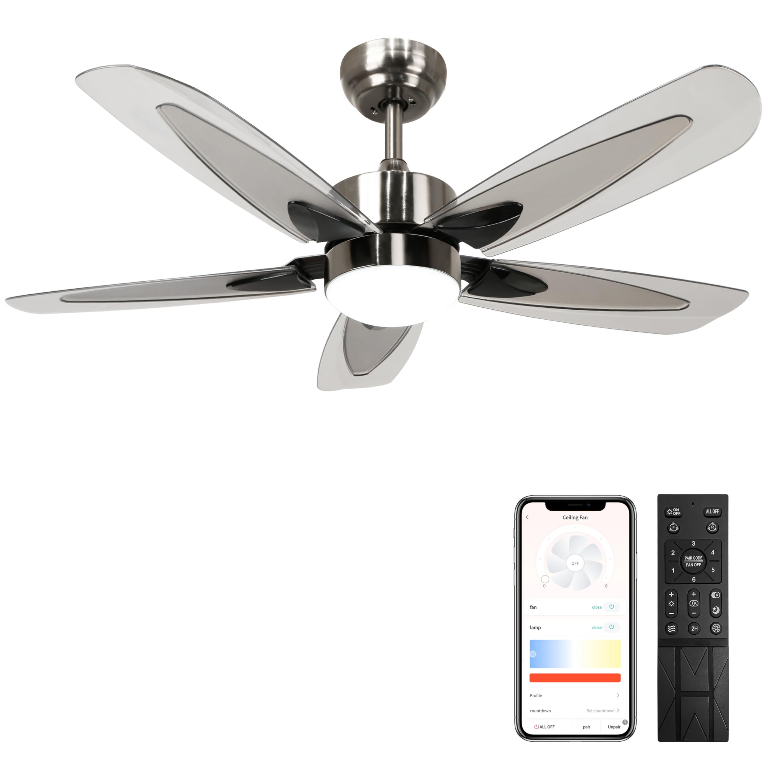 Flybull Ceiling Fan with LED Light and Remote, 42 Inch Modern Indoor Outdoor Ceiling Fan for Porch Patio, 3 Colors Dimmable, 6 Speed, Quiet Small Ceiling Fan for Bedroom Kitchen (Brushed Nickel)