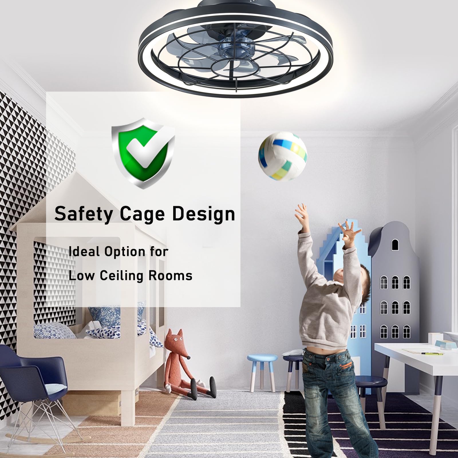 AVORHING Ceiling Fan with lights Remote Control,20" Low Profile Ceiling Fan,6 Wind Speeds Dimmable Caged Flush Mount Ceiling Fan,Smart Modern Ceiling Fan for Kids Room,Bedroom, Kitchen (Black)