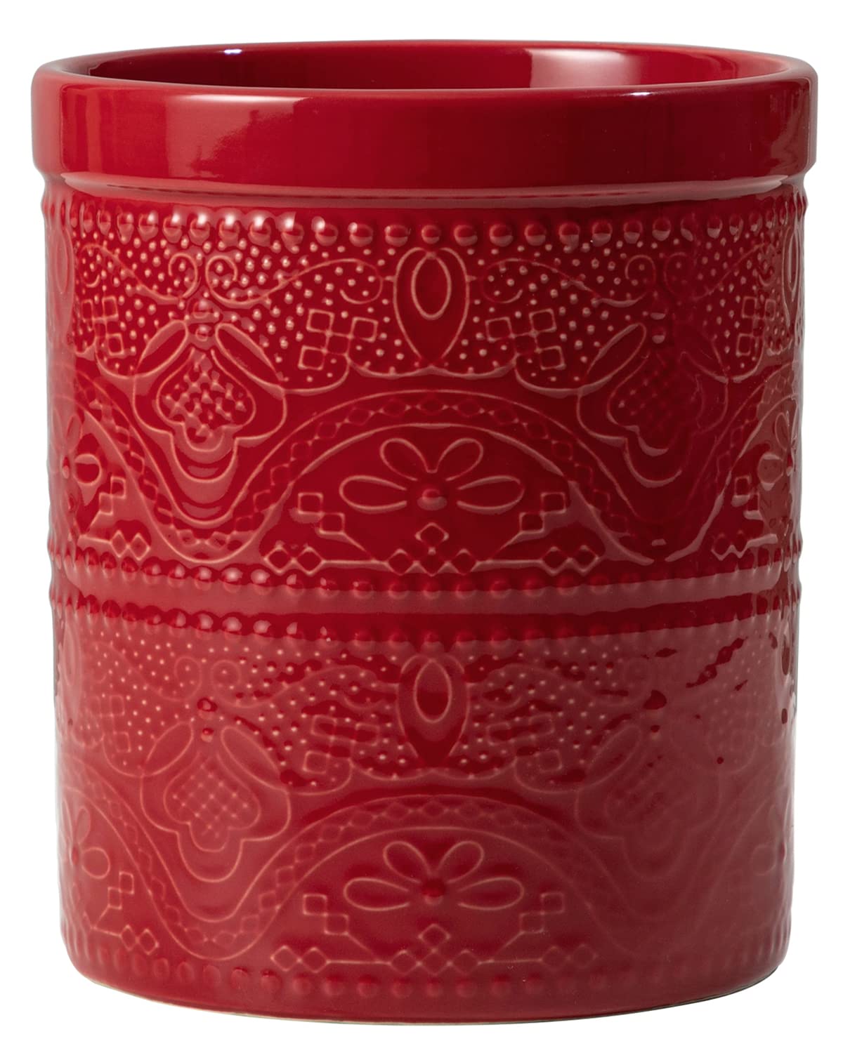 FUN ELEMENTS Kitchen Utensil Holder, 7.2" Super Large Utensil Crock Heavy and Stable Lace Emboss Ceramic Utensil Holder for Kitchen Counter (Christmas Red)