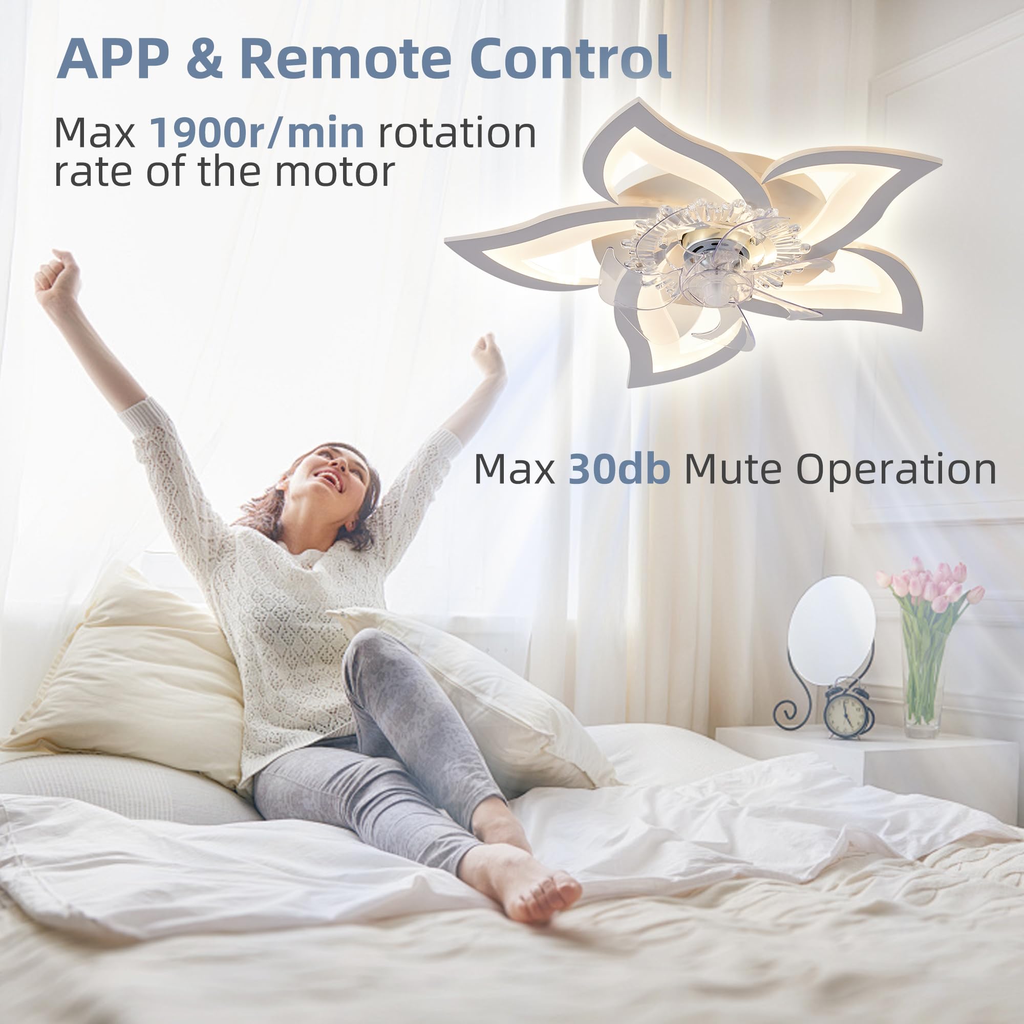REYDELUZ Low Profile Ceiling Fan with Lights,Modern Dimmable Flower Shape Ceiling Light Fan with Remote Control/App Control,for Bedroom/Children’s Room - White