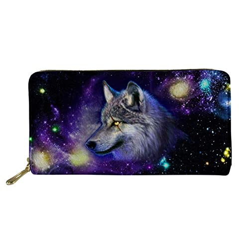 JEOCODY Galaxy Wolf Animal Patterns Card Holder Women Travel Wallet Long Coin Purse Clutch Cell Phone Case Gift