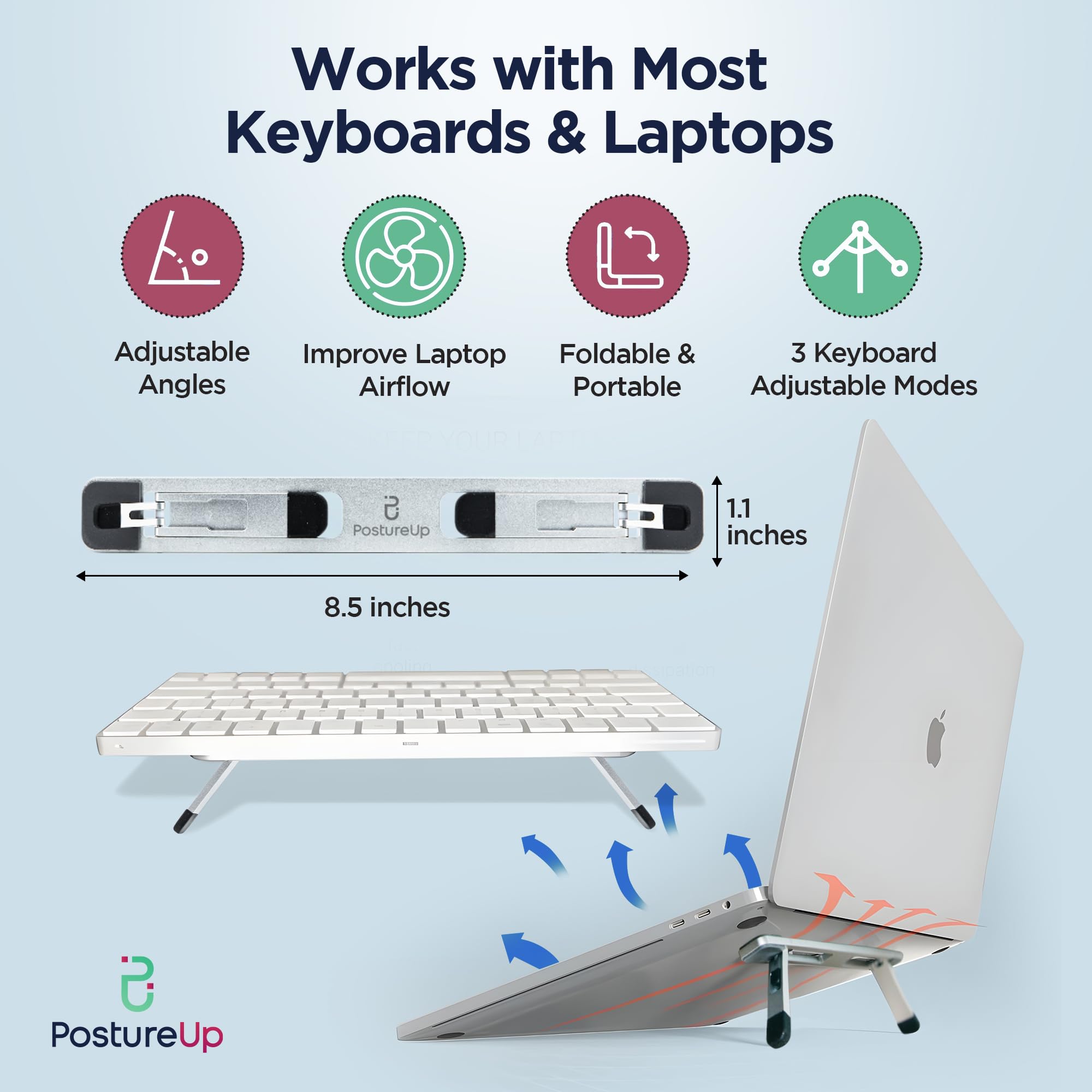 AQUUES Solutions ProRiser Self-Adhesive Non-Scratch Aluminum Laptop & Keyboard Stand for Desk, 1.75 & 3in Elevation, Adjustable Computer Stand, Laptop Riser – for Up to 20in Laptops and Keyboards