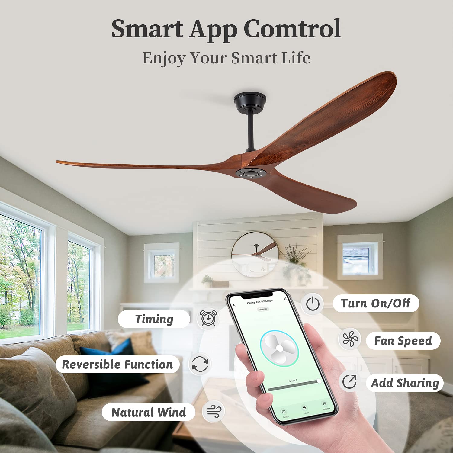 Chriari 70'' Ceiling Fan with Remote/App/Voice Control, Wood Ceiling Fan with 3 Walnut Blades and Reversible DC Motor, Supports 5 Speeds and Smart Timing, Compatible with Alexa/Google Assistant