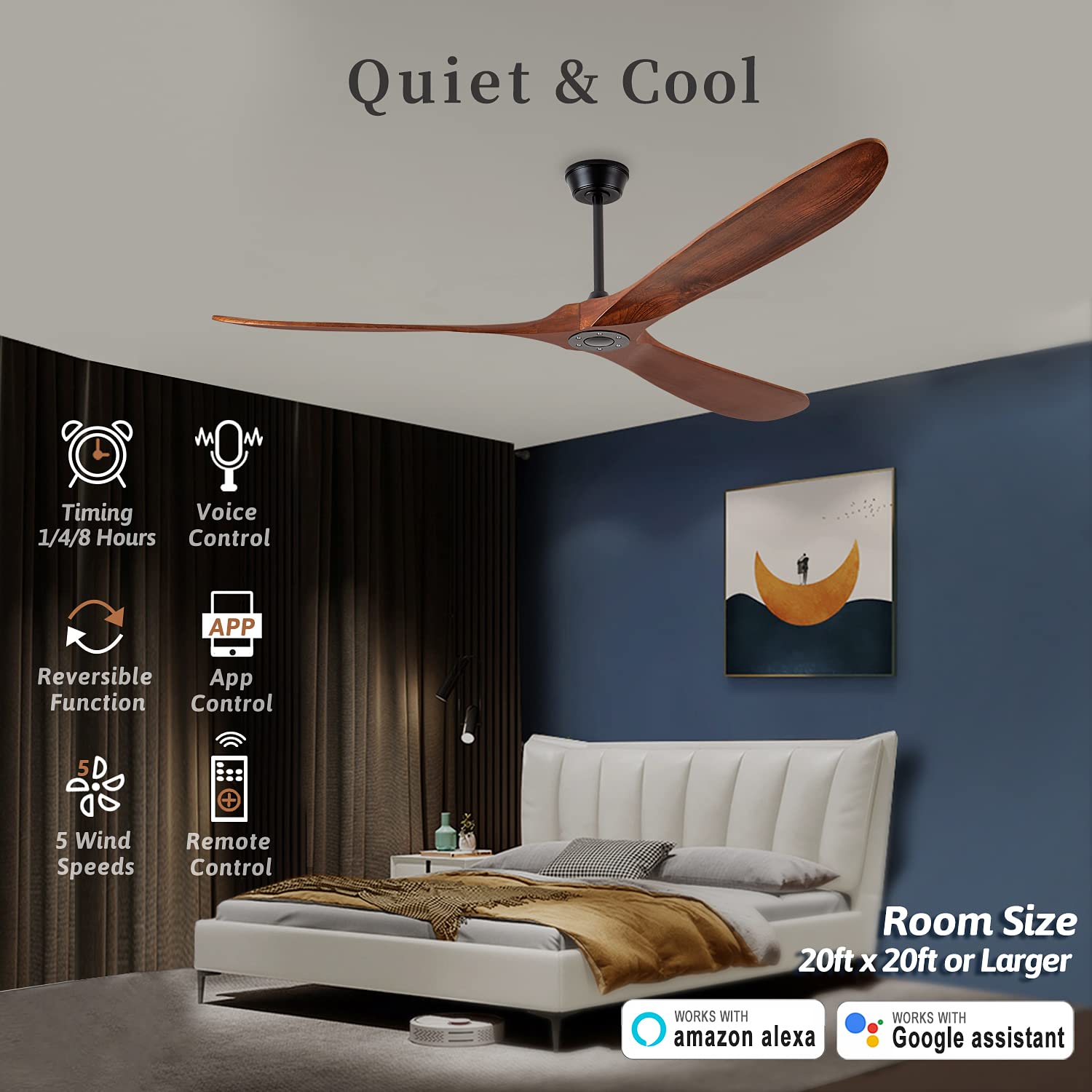 Chriari 70'' Ceiling Fan with Remote/App/Voice Control, Wood Ceiling Fan with 3 Walnut Blades and Reversible DC Motor, Supports 5 Speeds and Smart Timing, Compatible with Alexa/Google Assistant