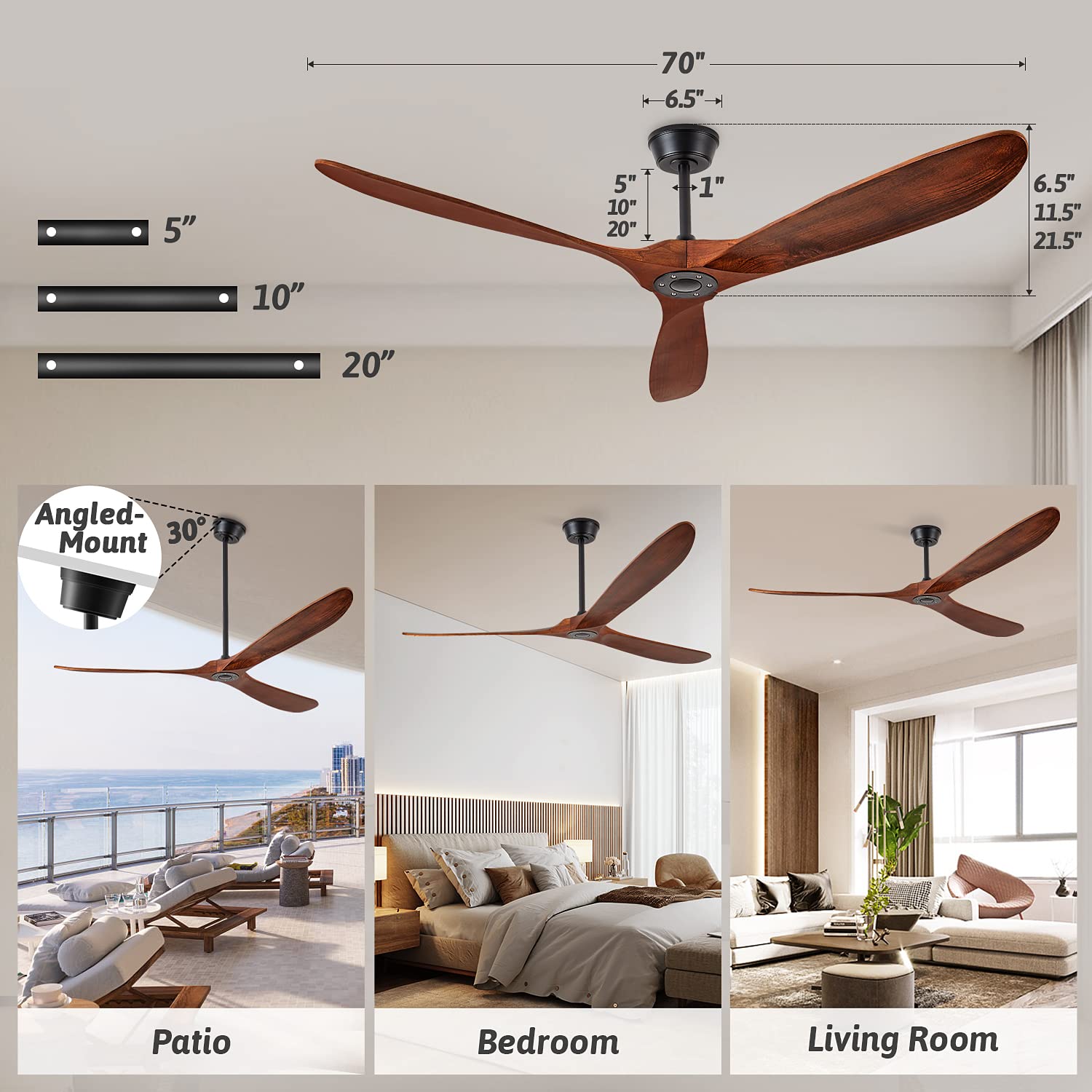 Chriari 70'' Ceiling Fan with Remote/App/Voice Control, Wood Ceiling Fan with 3 Walnut Blades and Reversible DC Motor, Supports 5 Speeds and Smart Timing, Compatible with Alexa/Google Assistant