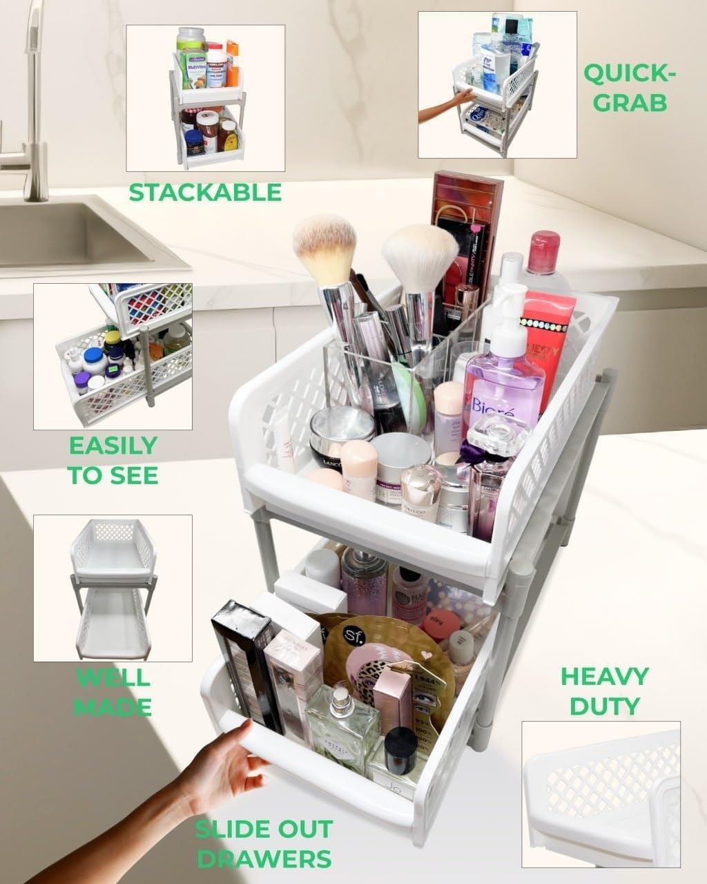 Skywin Drawer Storage 2 Tier Sliding Cabinet Pull Out Organizer | Bathroom Organizer | Under Sink Organizers and Storage | Cabinet Organizers and Storage