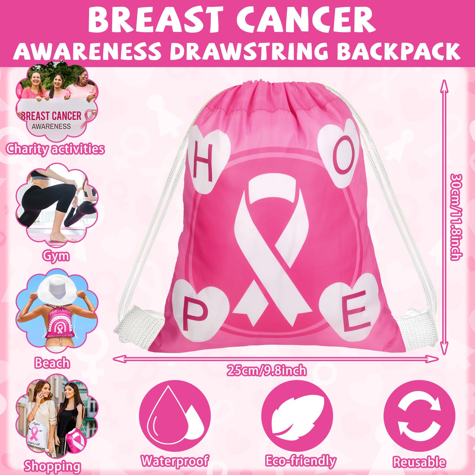 Paterr 36 Pcs Breast Cancer Awareness Drawstring Backpack 11.8'' x 9.8'' Pink Ribbon Polyester Drawstring Bags Hope Fight Sport Gym Sackpack for Women Travel Storage Accessories, White and Black